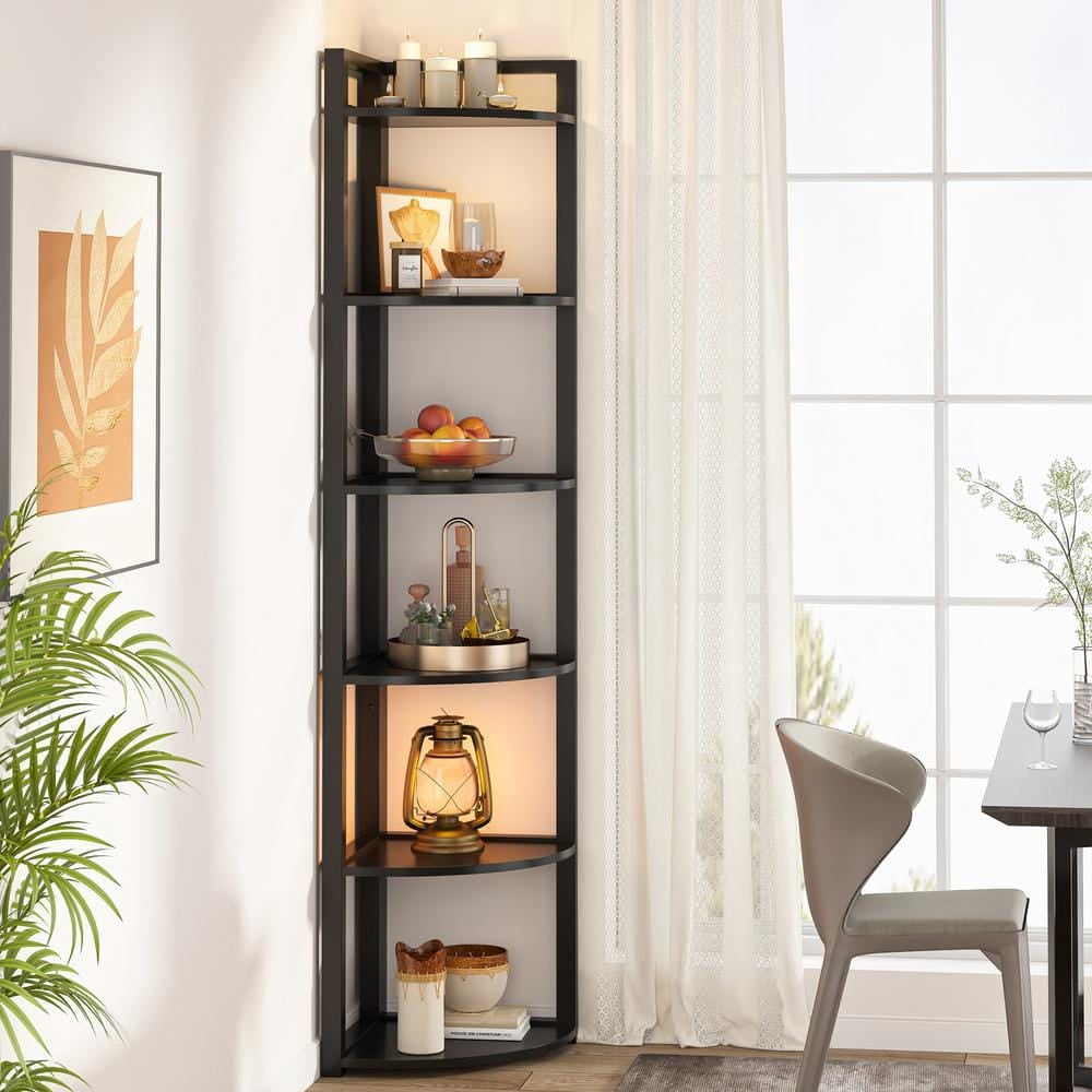 70.9 in. Tall Black Engineered Wood 6-Shelf Corner Bookcase, Small ...