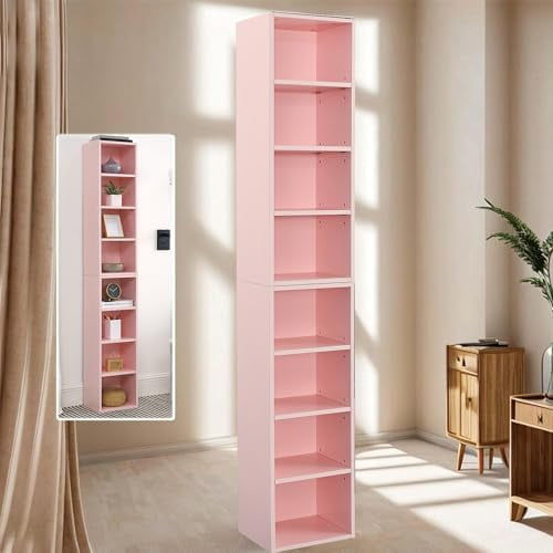 70.9" slim pink bookshelf, 8-shelf tall narrow display bookcase ...