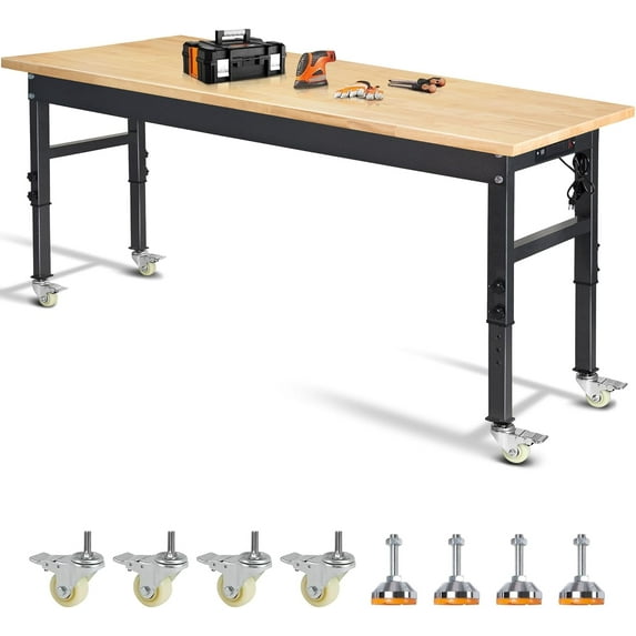 70'' Adjustable Workbench, Rubber Wood Top Work Bench Heavy-Duty Work ...