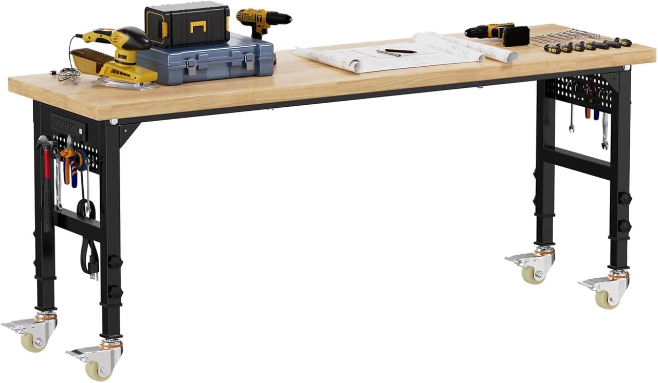 70" Adjustable Workbench, Solid Wood Top Worktable with Wheels ...