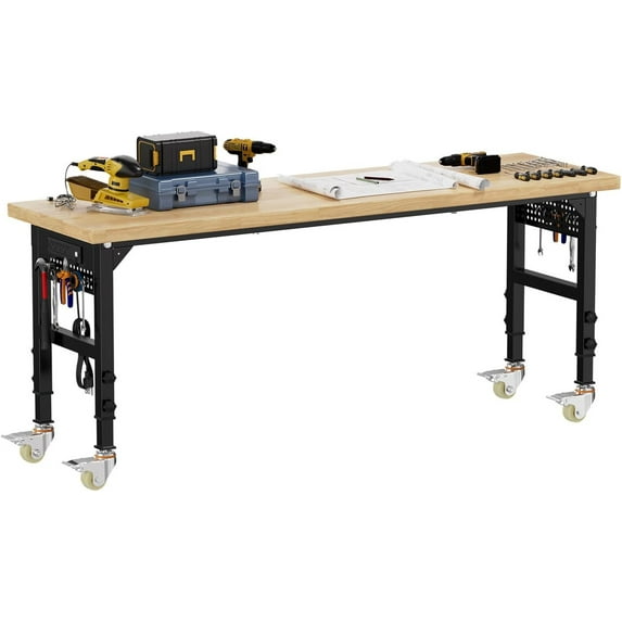 70" Adjustable Workbench, Solid Wood Top Worktable with Wheels ...