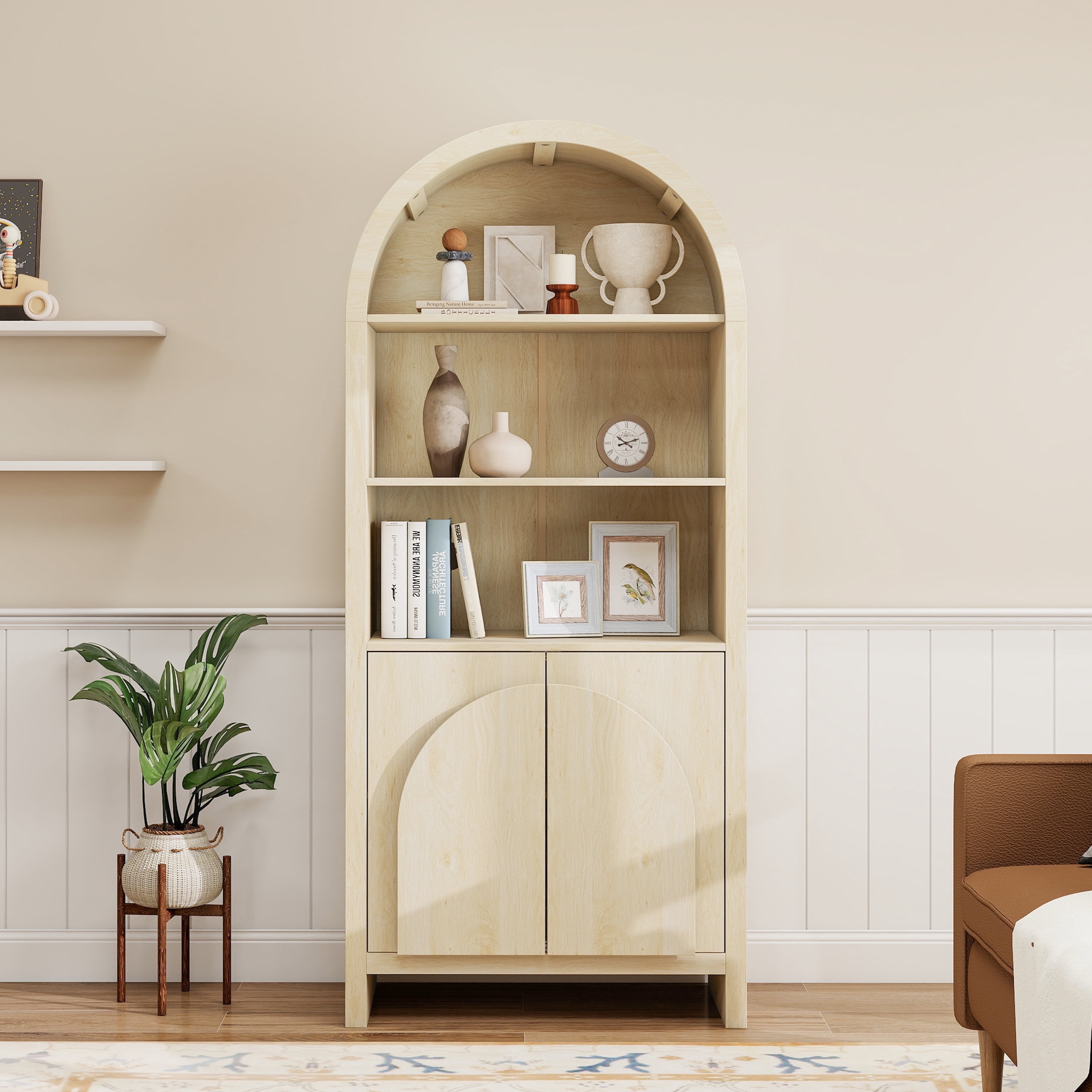 70" Arched Storage Cabinet, Modern Wood Display Cabinet with Open ...