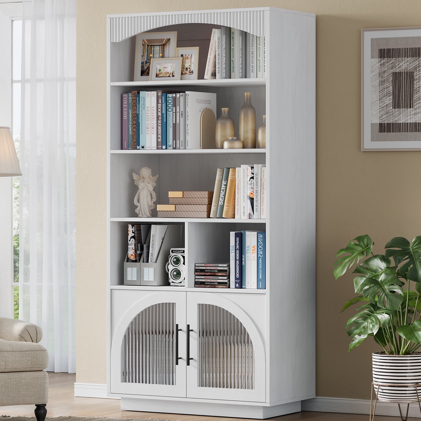 70" Bookshelf and Bookcase, White Tall Bookcase with Glass Door, 5 Tier ...