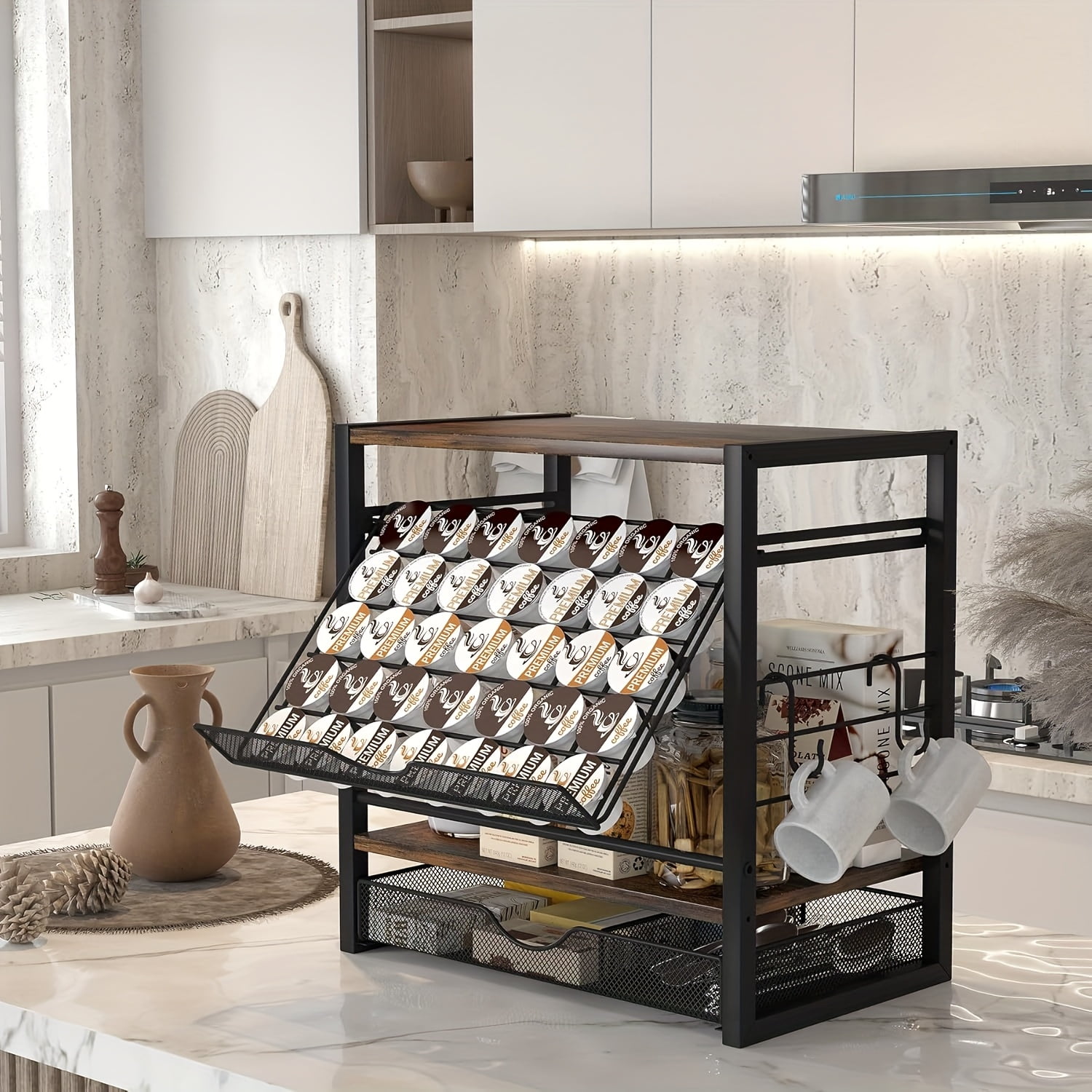 70-Capacity Coffee Capsule Storage Rack - Brown Wood & Iron K-Cup ...