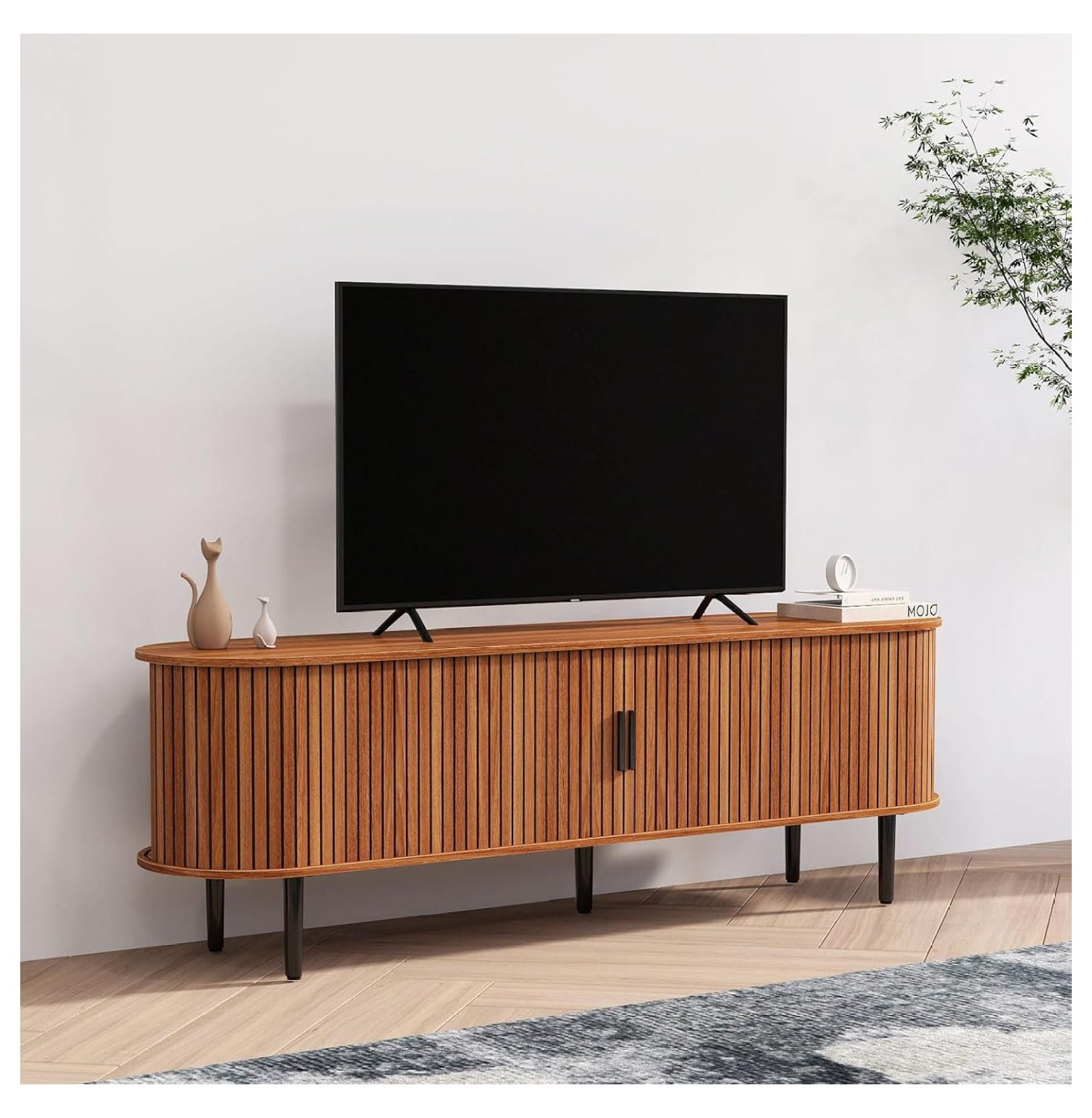 70" Century Modern TV Stand, Walnut Tambour Entertainment Center with ...