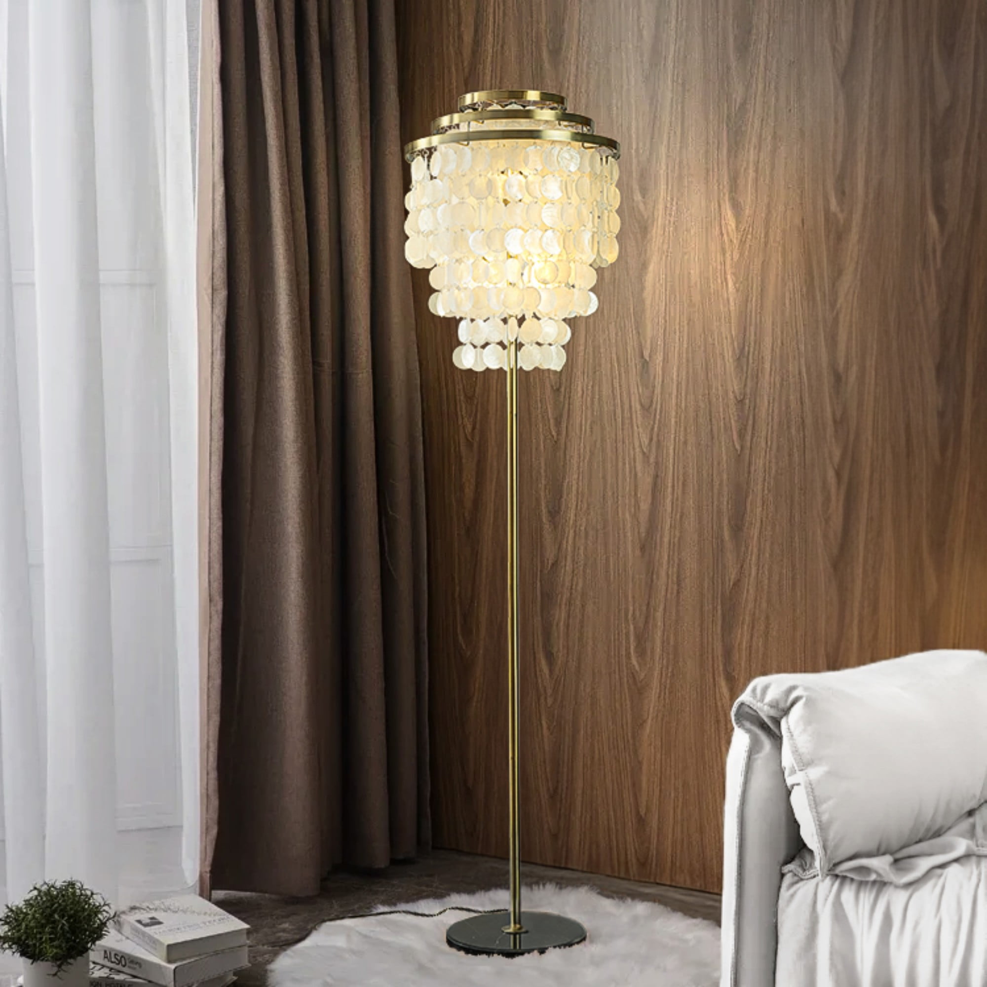 70'' Coastal Tiered Capiz Seashell Floor Lamp in Antique Brass Finish ...