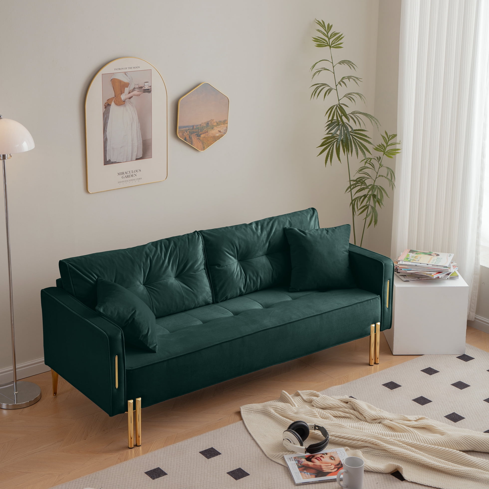 70" Comfy Couch, Modern 3 Seat Couch with 2 Pillows and Gold Metal Legs ...