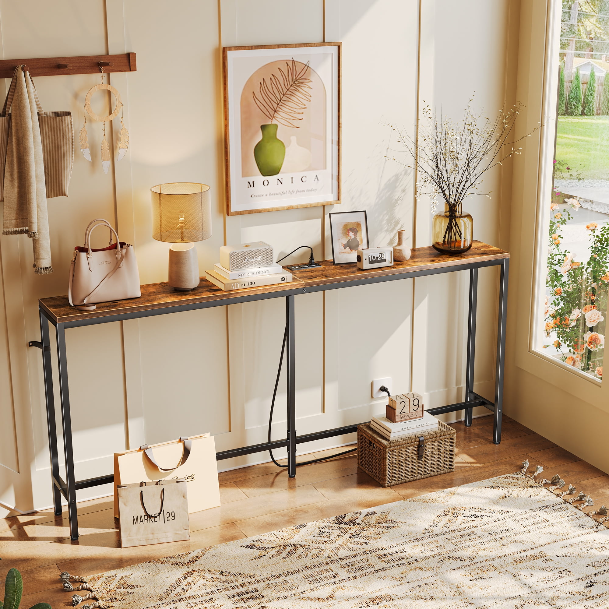 70" Console Table Sofa Table with Charging Station, Narrow Entryway ...