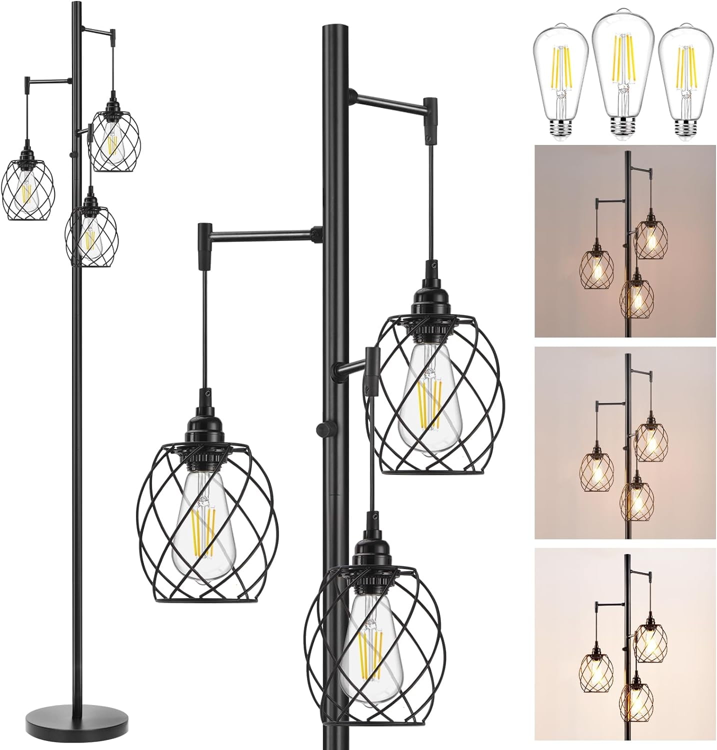 70" Dimmable Floor Lamp for Living Room, Industrial 3-Light Tree Floor ...