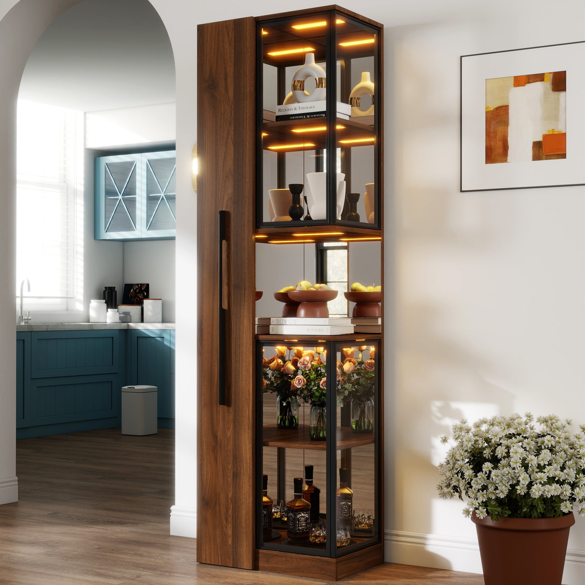 70" Display Cabinet with Glass Doors and Lights, with multi-functional ...