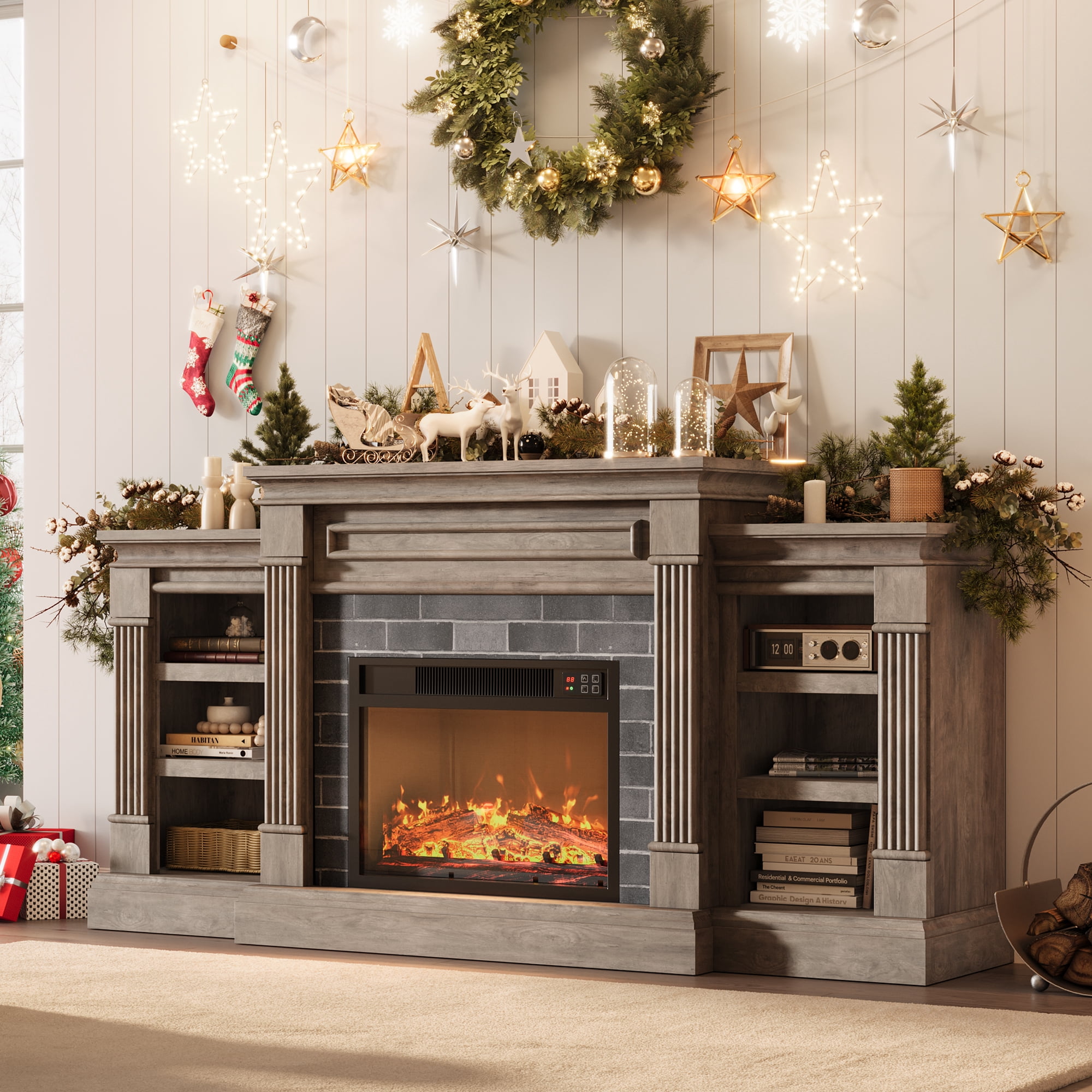 70" Electric Fireplace with Mantel, Freestanding Fireplace TV Stand ...