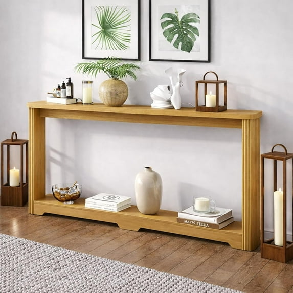 70" Extra Long Narrow Console Table, Fluted-Side Sofa Table with Open ...