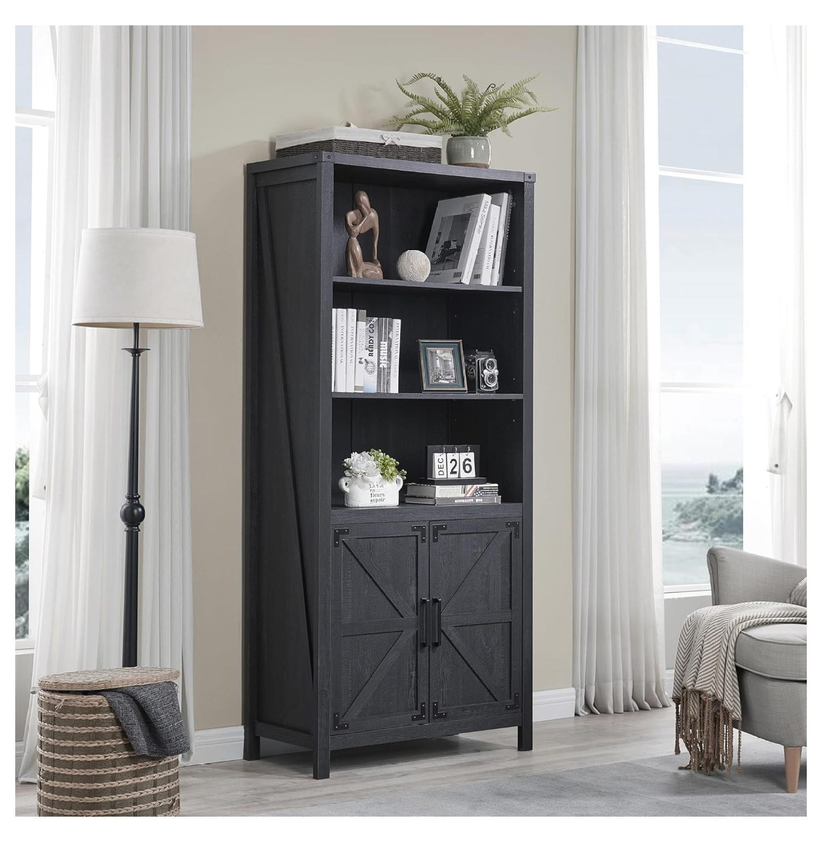 70" Farmhouse 5-Tier Storage Bookshelf-Bookcase with Adjustable Shelves ...