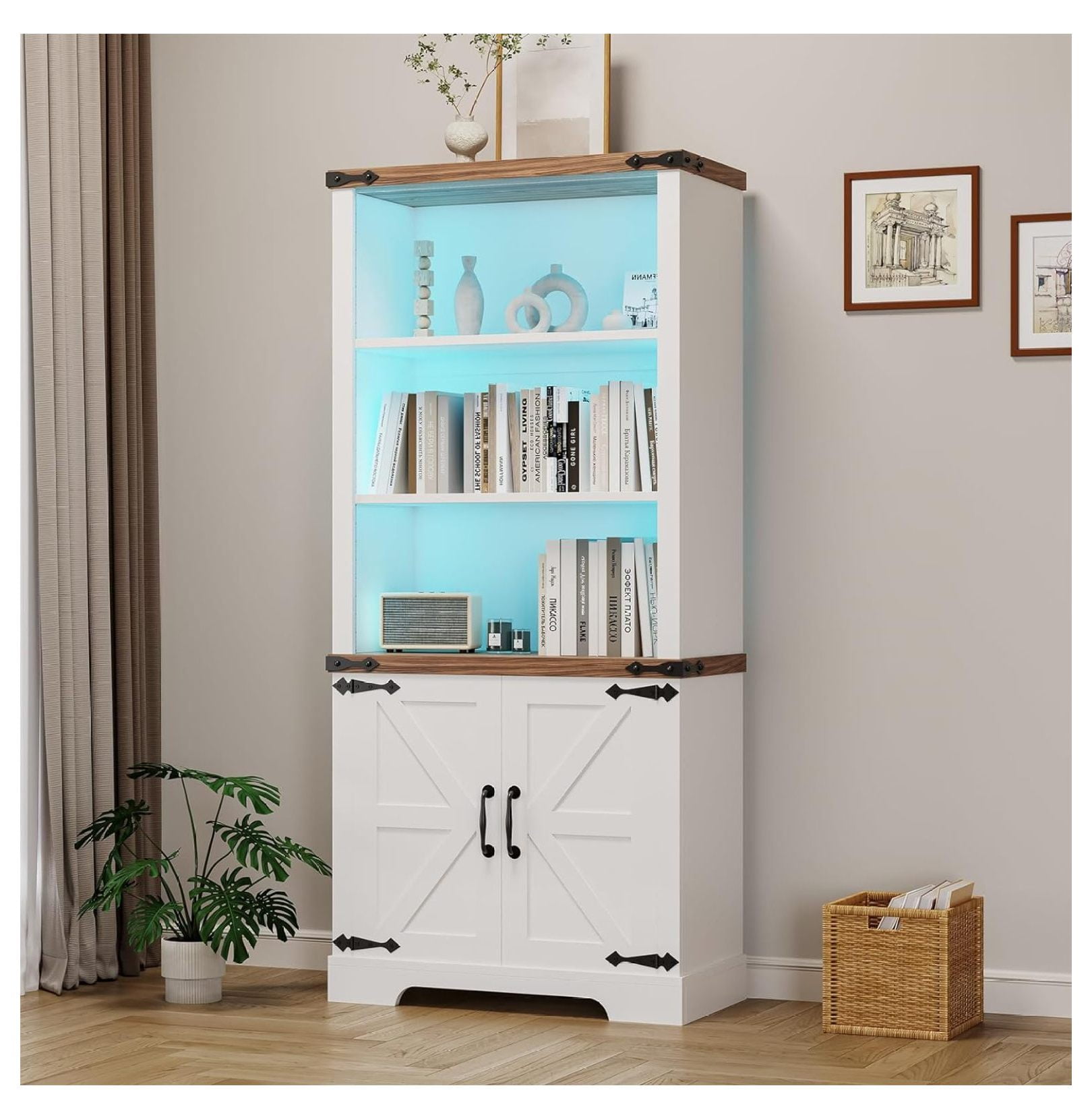 70" Farmhouse Bookcase and Bookshelf with Doors, 5-Shelf Bookcase with ...