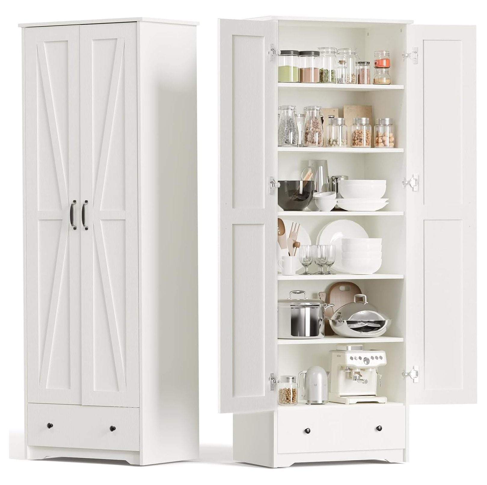 70" Farmhouse Kitchen Pantry Cabinet, Tall Large Wood Storage Cabinet ...