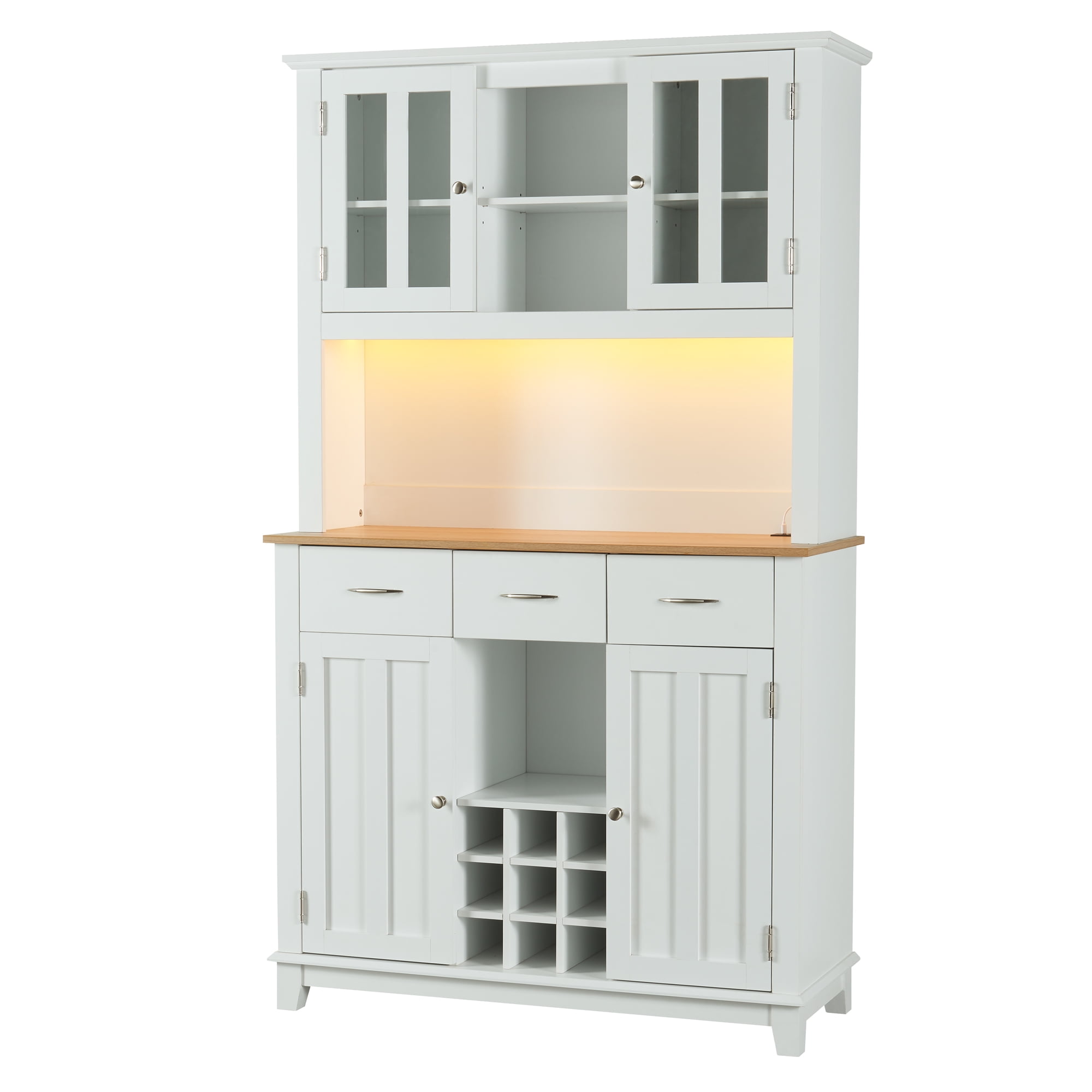 70'' Farmhouse Kitchen Sideboard with LED Light,Buffet Storage Table ...