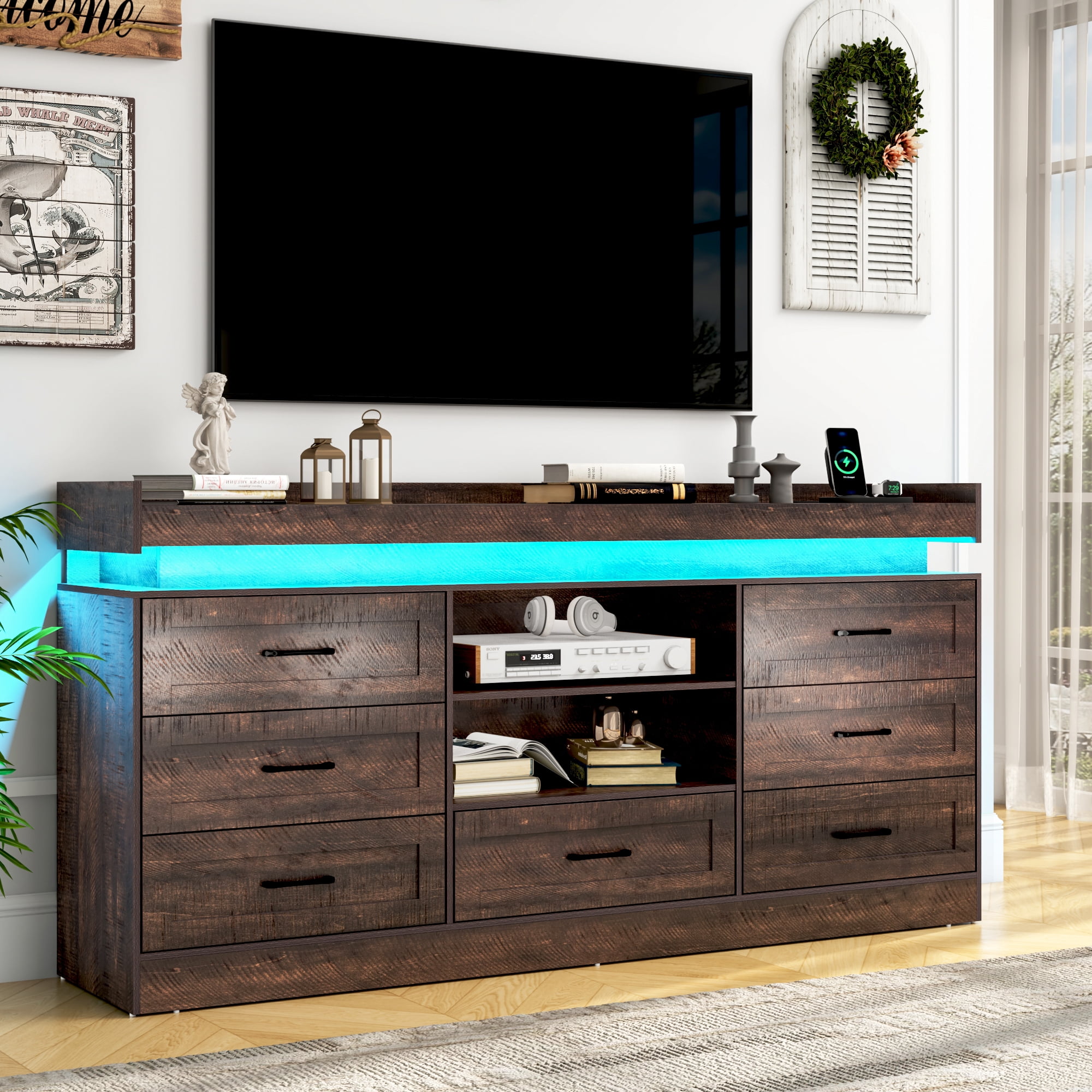 70" Farmhouse TV Stand for 80/75/70 Inch TVs, Dresser TV Stand with ...