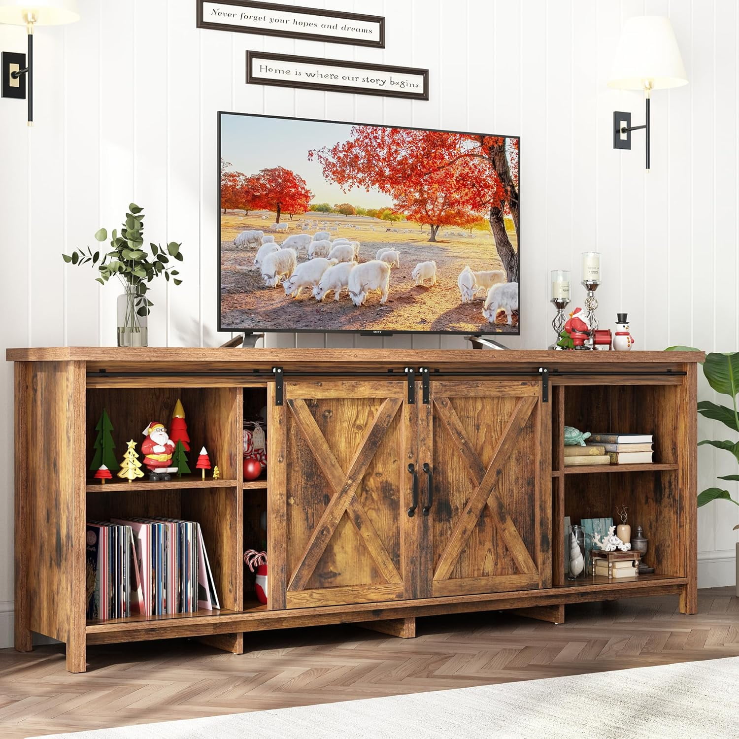 70" Farmhouse TV Stands for 70 75 80inch TV w/Adjustable Shelves ...