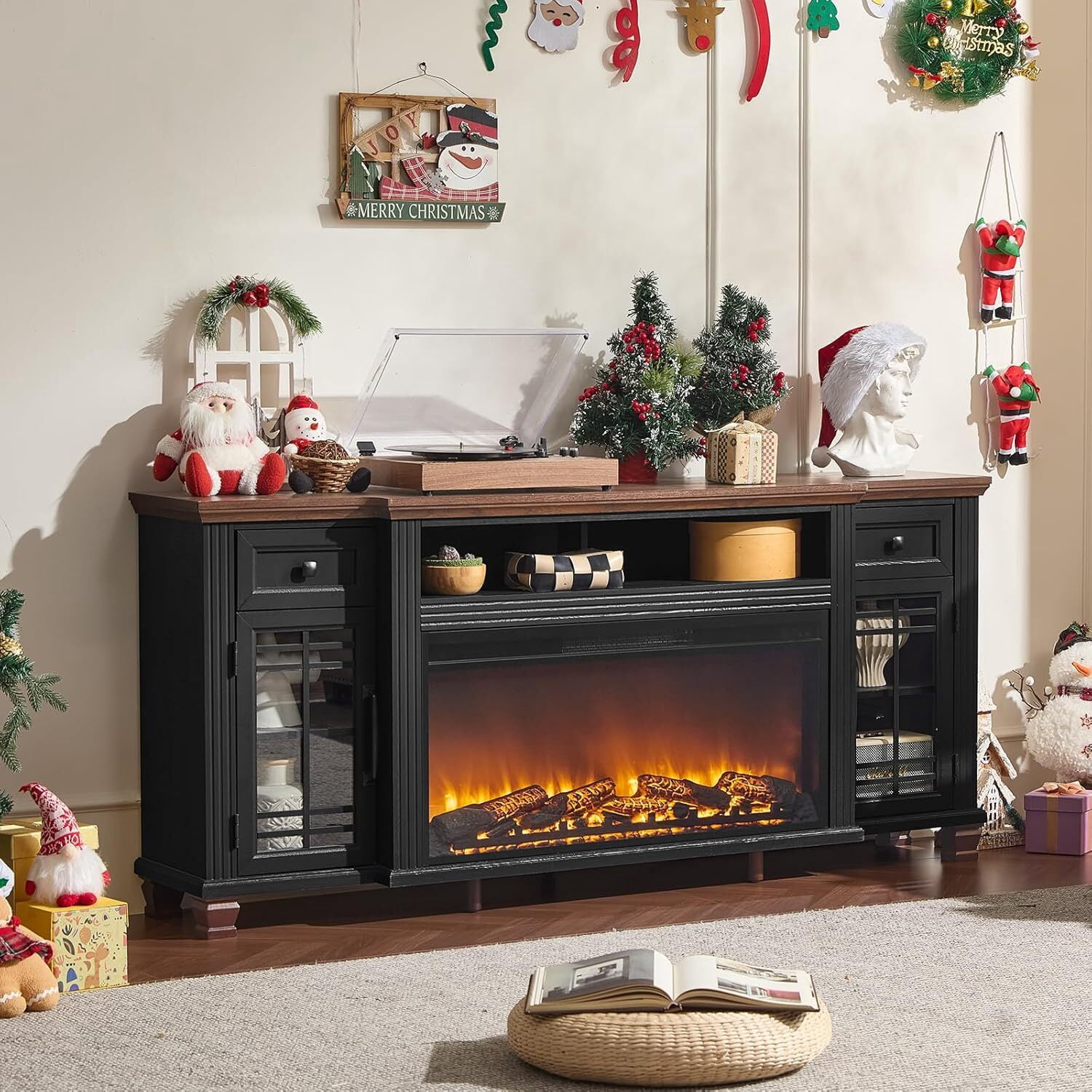 70" Fireplace TV Stand for 80 Inch TV, Modern Farmhouse TV Cabinet with ...