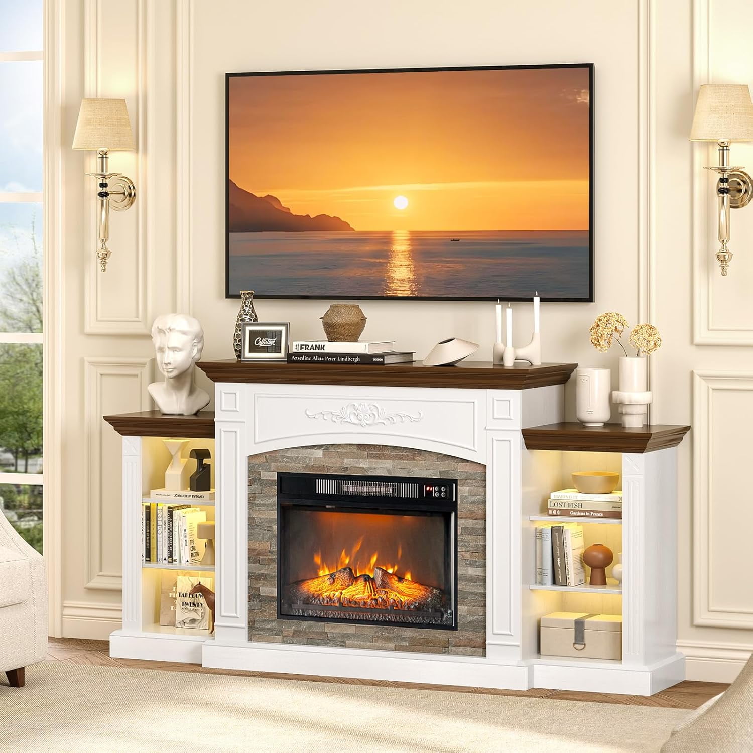 70'' Fireplace TV Stand for 80 inch TVs, Electric Fireplace with Mantel ...