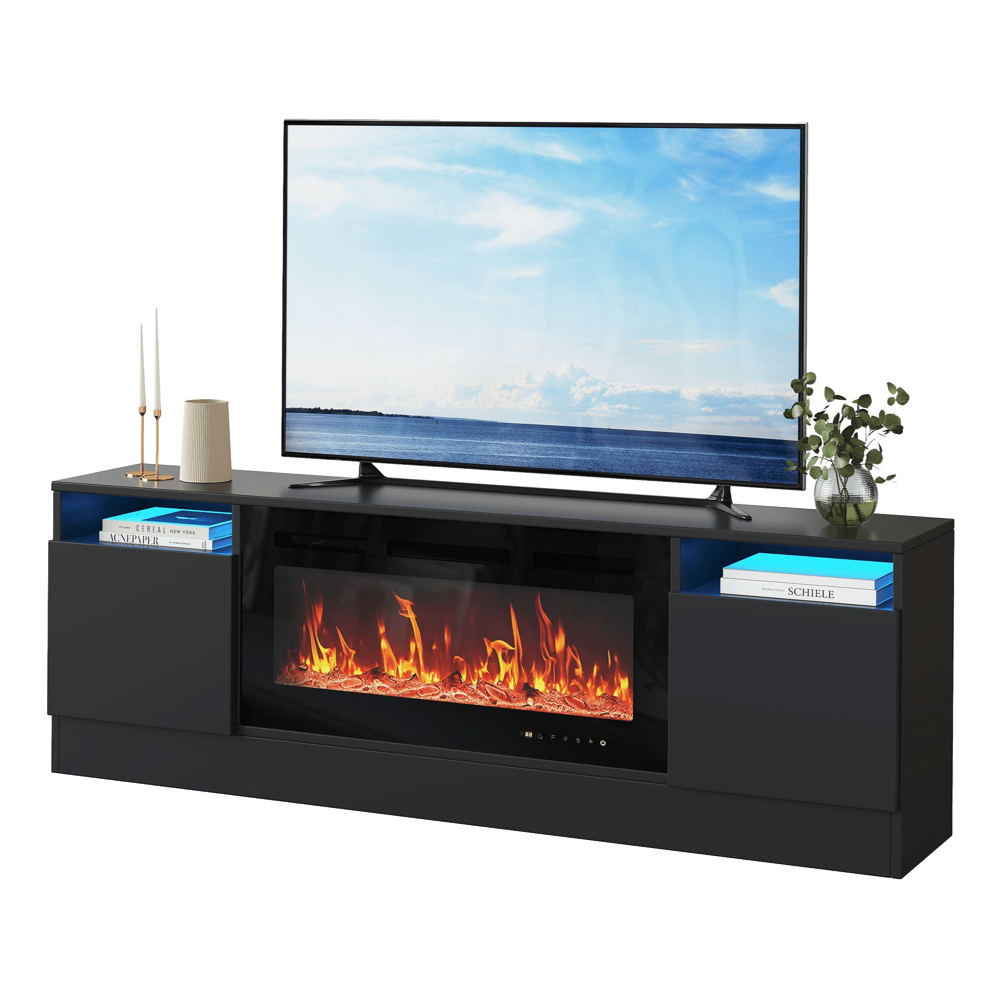 70" Fireplace with TV Stand,Modern Wooden TV Console Table with Storage ...