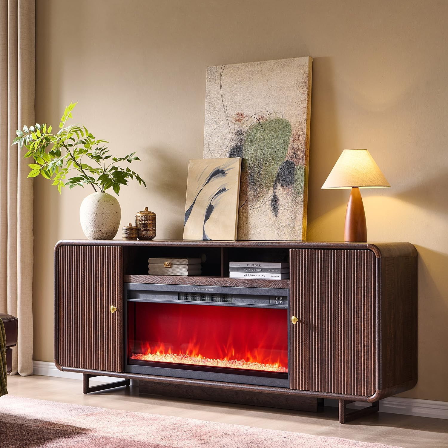 70" Fluted Fireplace TV Stand for 80 Inch TV, Modern Entertainment ...