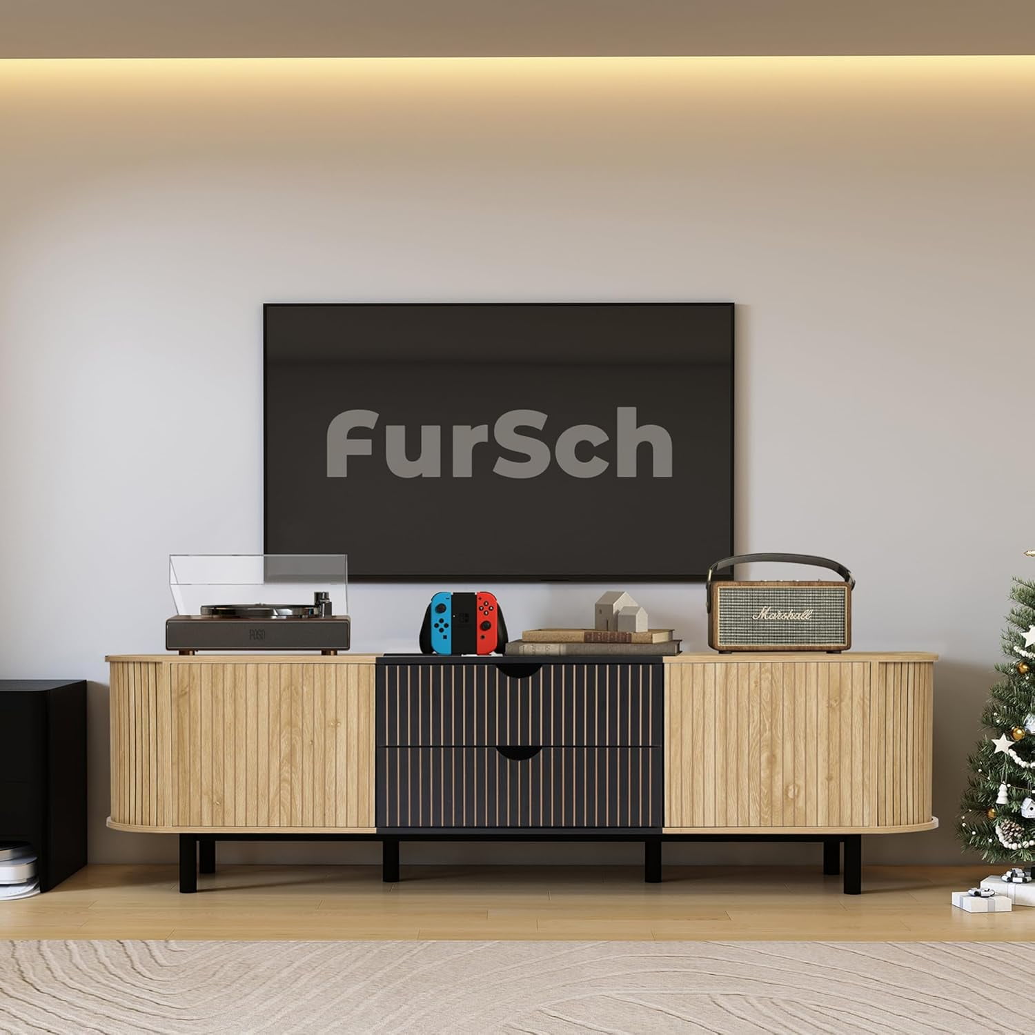 70" Fluted TV Stand with Drawer,Curved Mid-Century Modern Entertainment ...