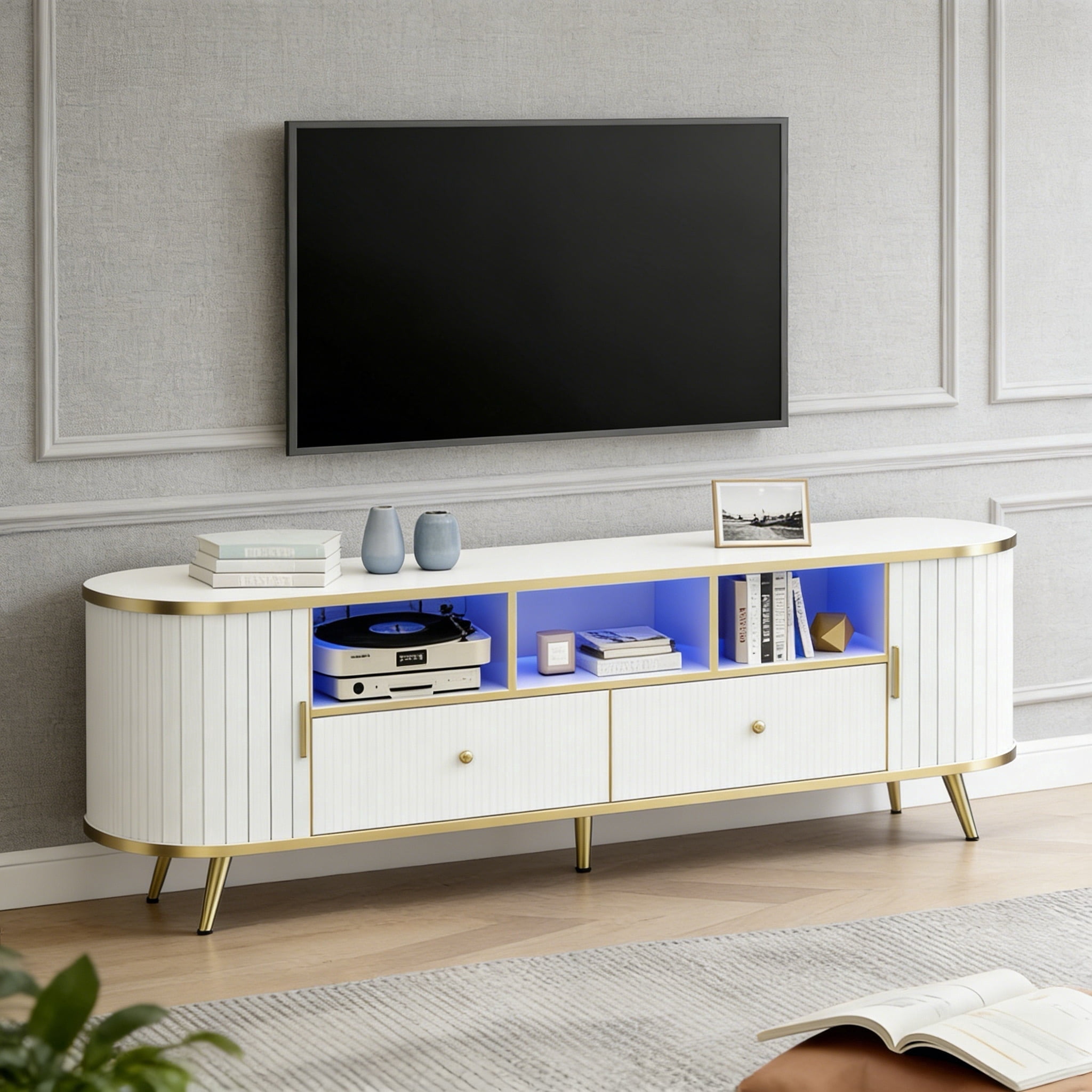 70” Fluted TV Stand with LED Lights, Entertainment Center for TVs Up to ...