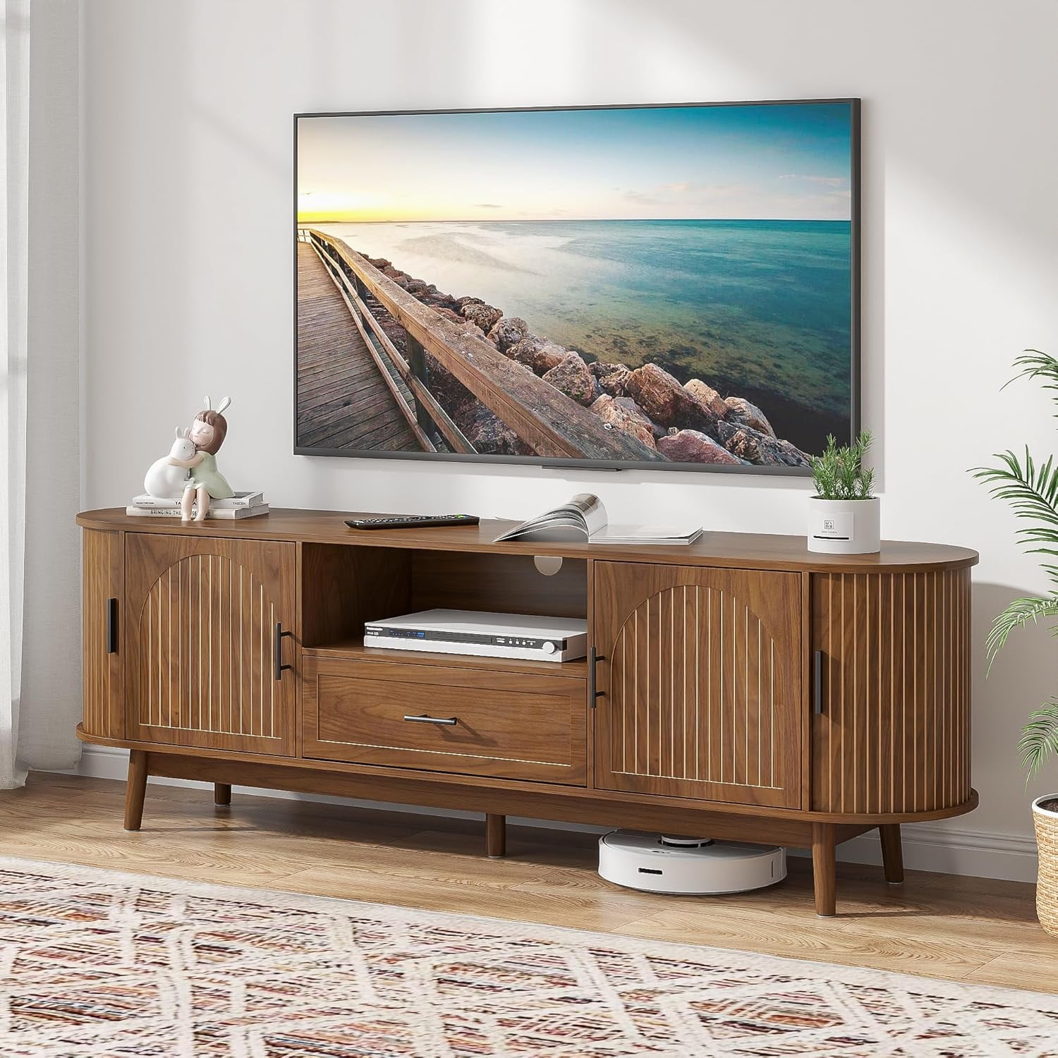 70" Fluted TV Stand for Tvs up to 80", Mid-Century Modern Entertainment ...