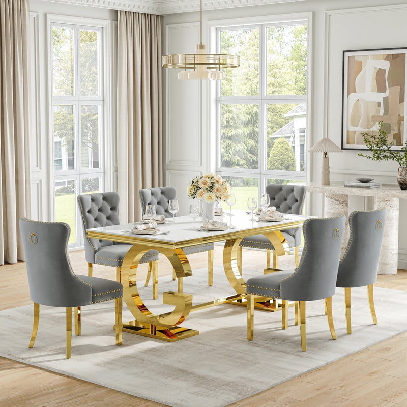 70" Glass Dining Table Set for 6, Tempered Glass Table with Double-G ...