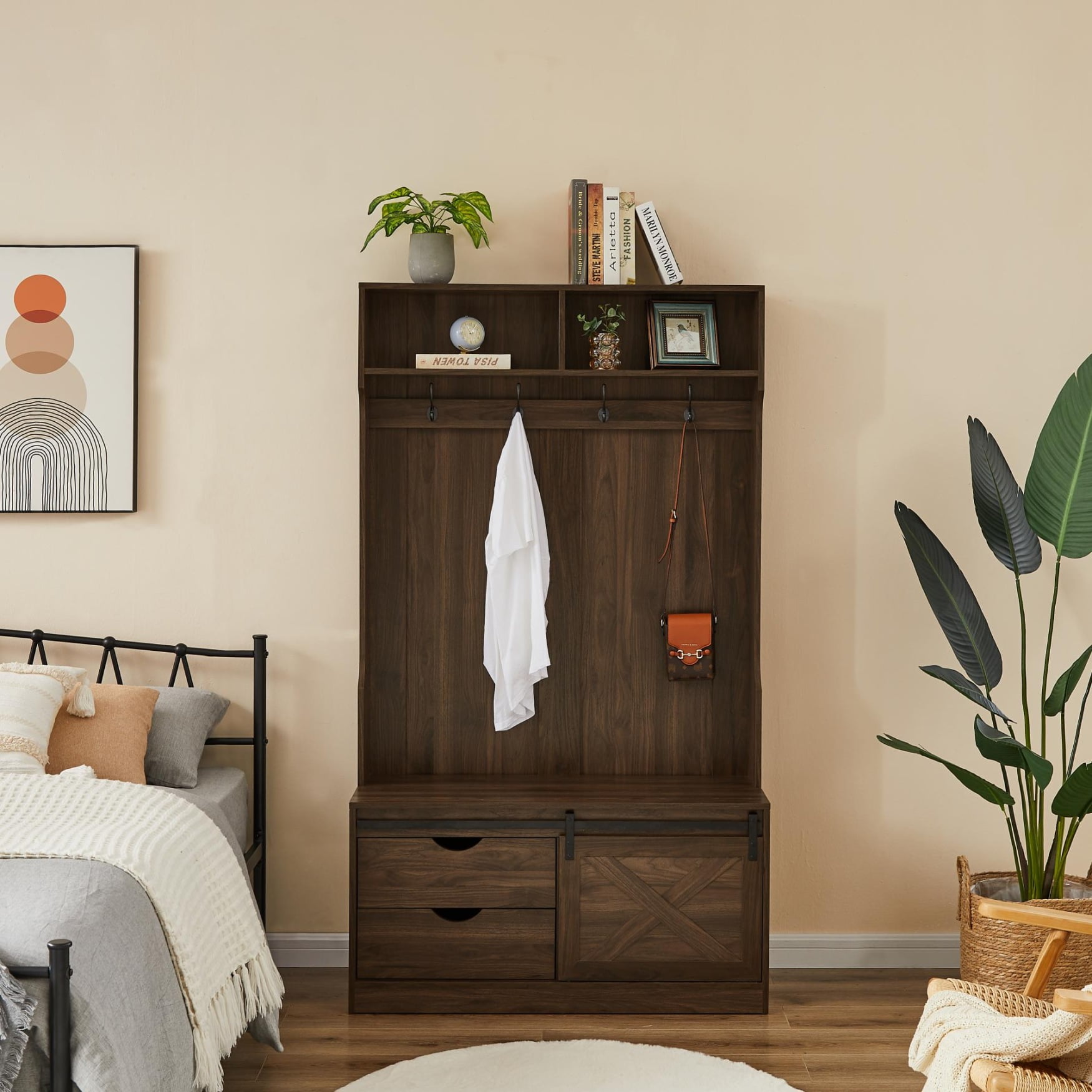 70" H Entryway Hall Tree with Coat Rack, 2 Drawers and Open Storage ...