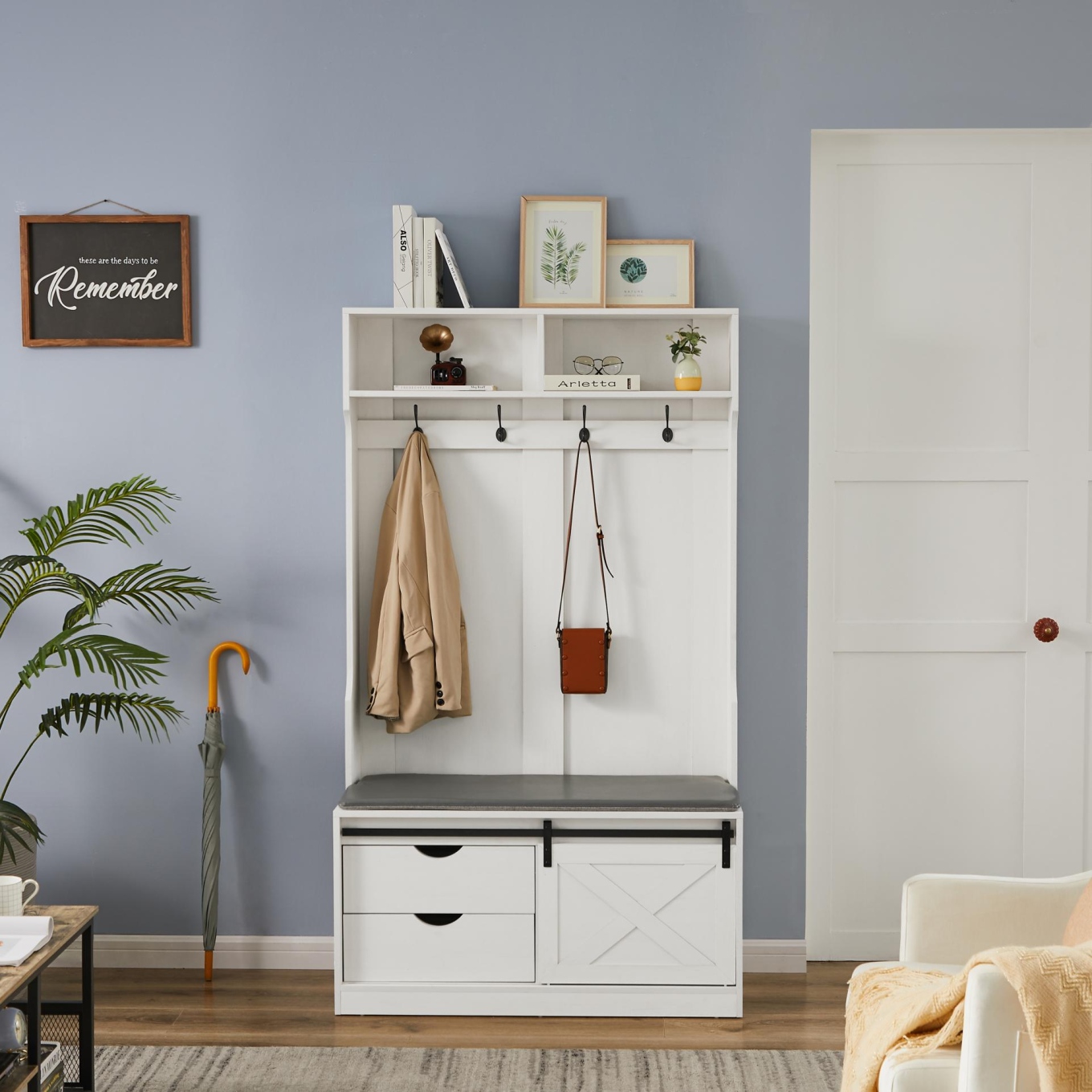 70" H Entryway Hall Tree with Coat Rack, 2 Drawers and Open Storage ...