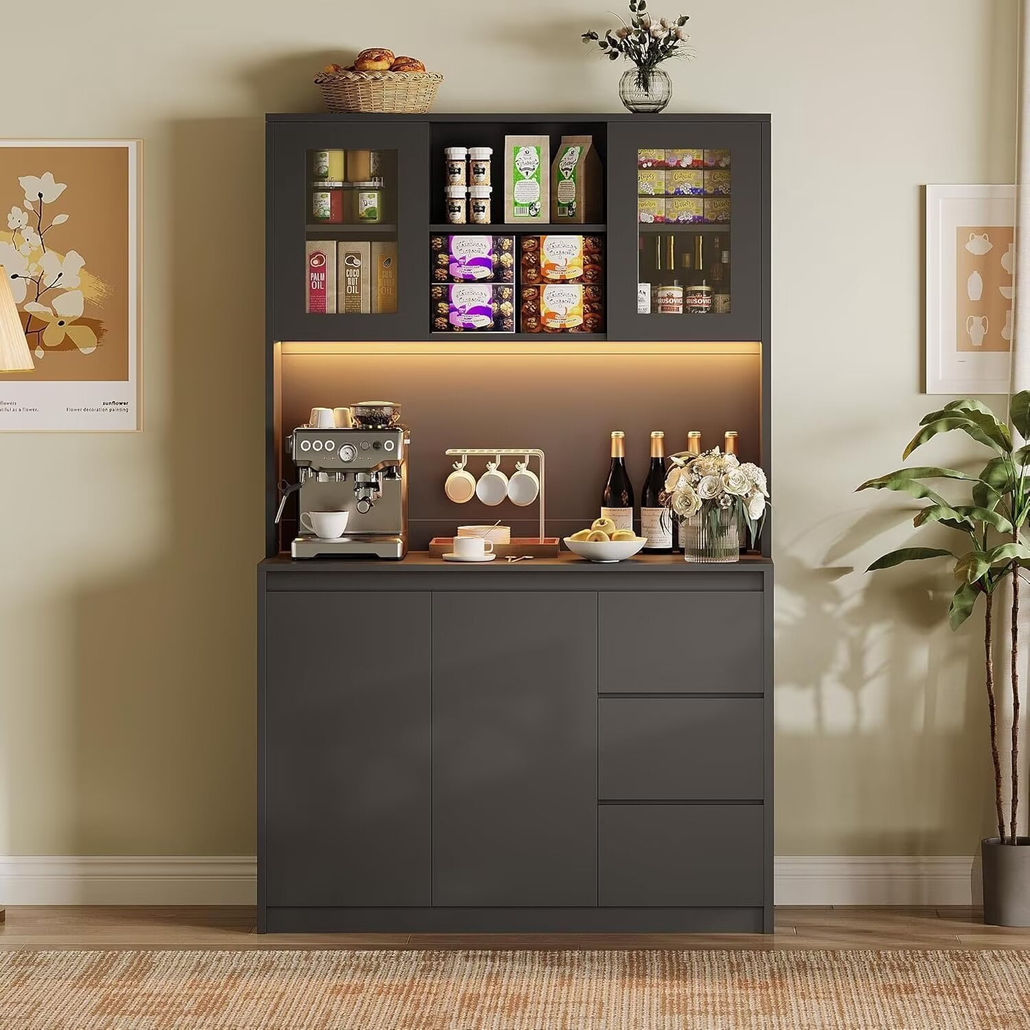 70''H Kitchen Pantry Storage Cabinet with Led Lights and Charging ...