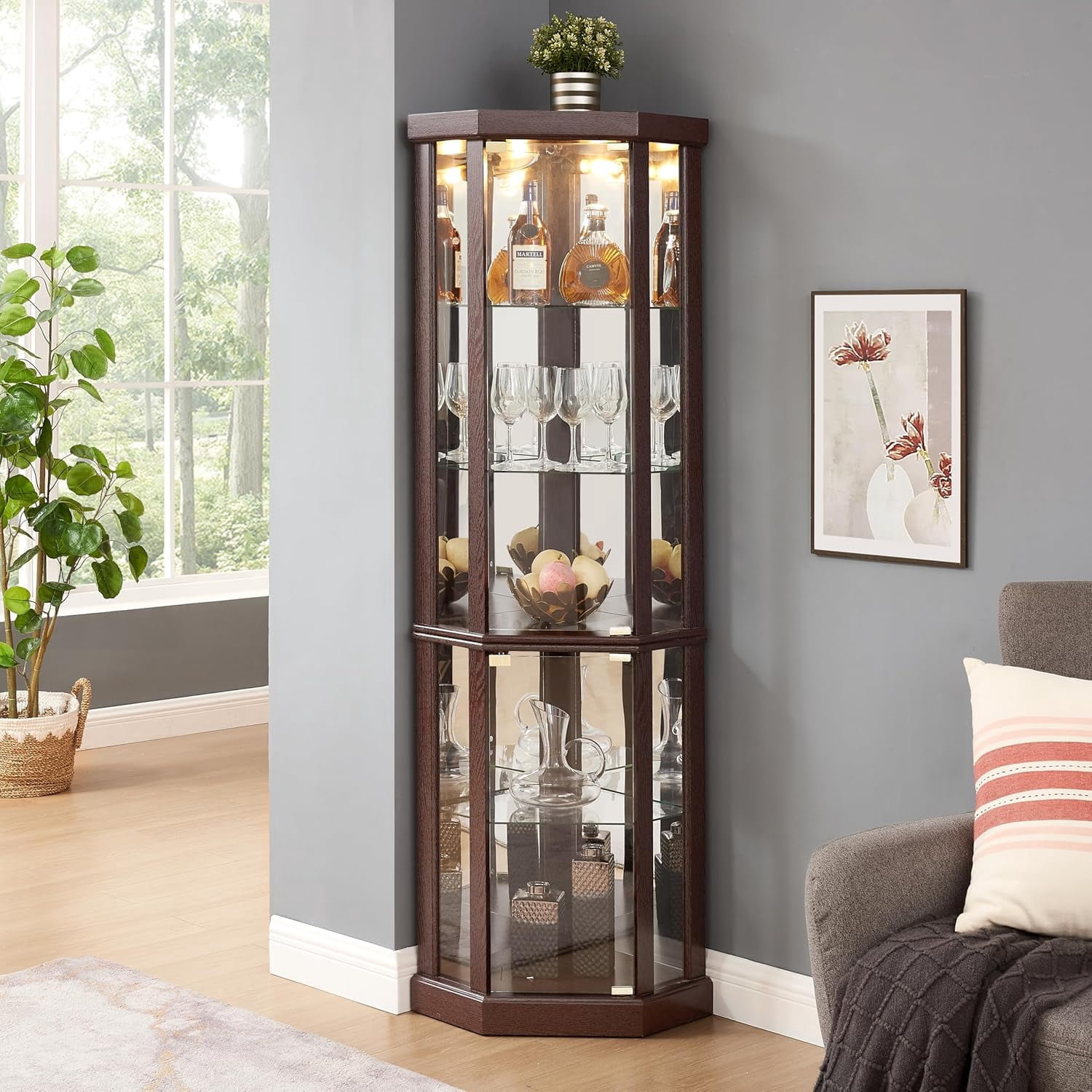 70''H Lighted Corner Display Curio Cabinet with Tempered Glass Door and ...