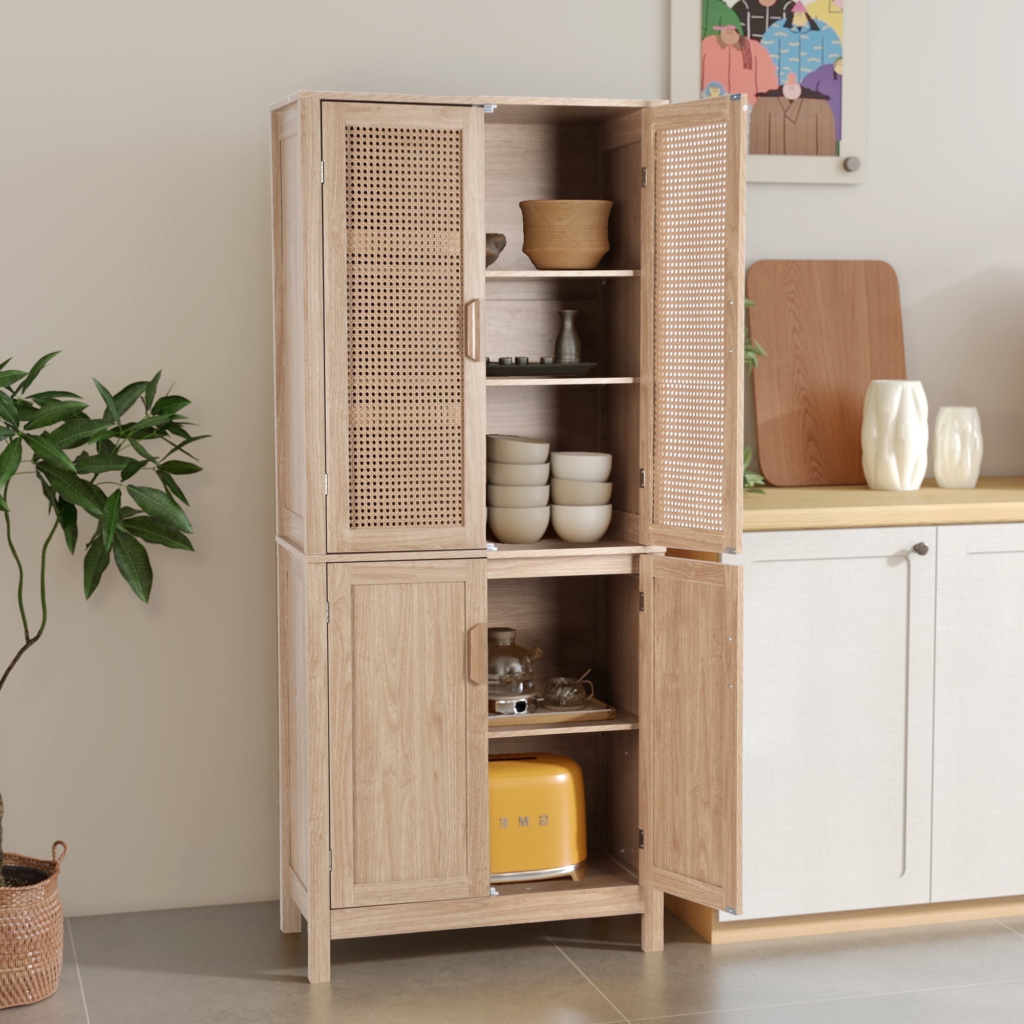 CATMIX 70" Tall Rattan Food Storage Cabinet with Adjustable Shelves ...