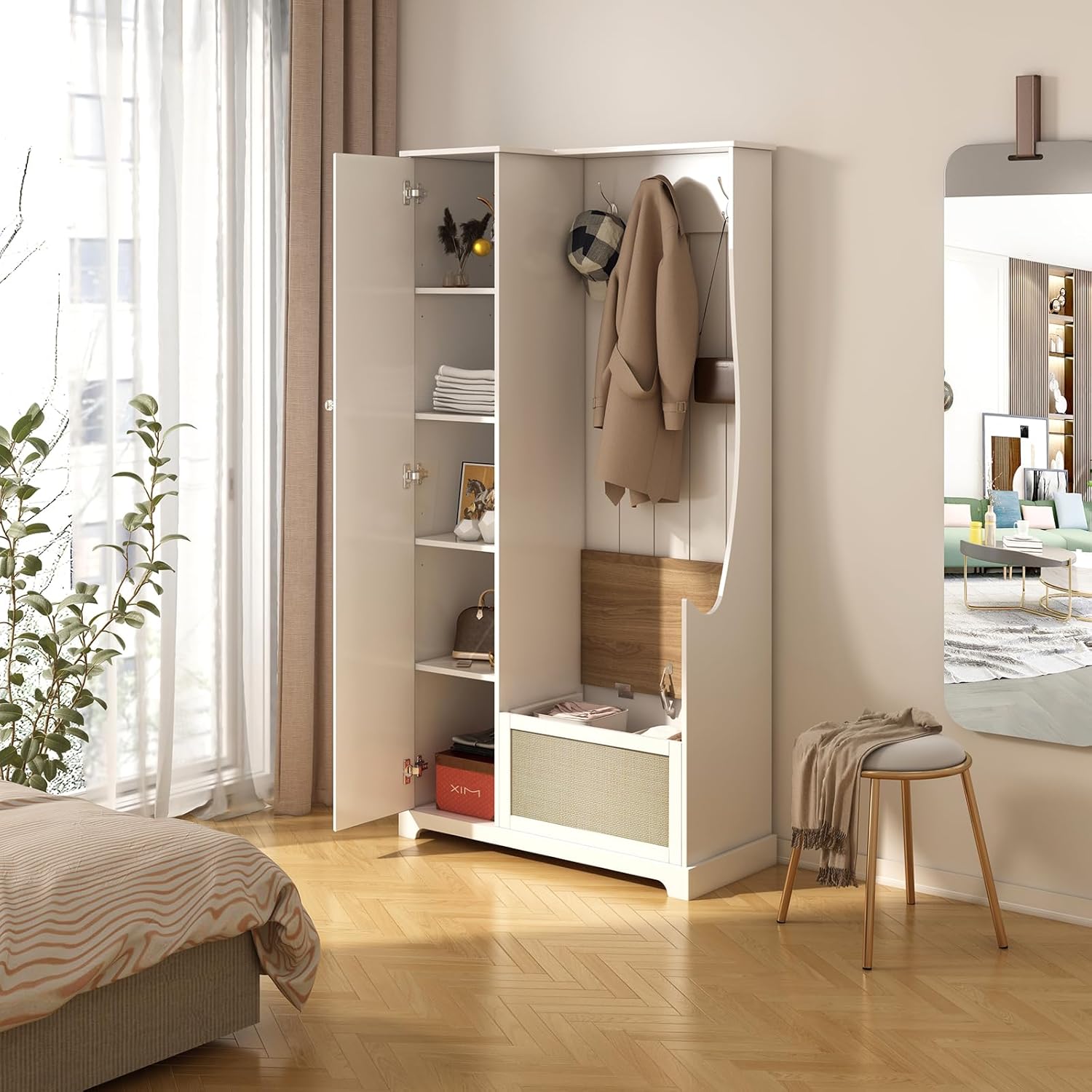 70" Hall Tree with Flip-Up Storage Bench, Display Cabinet, Cabinet with ...