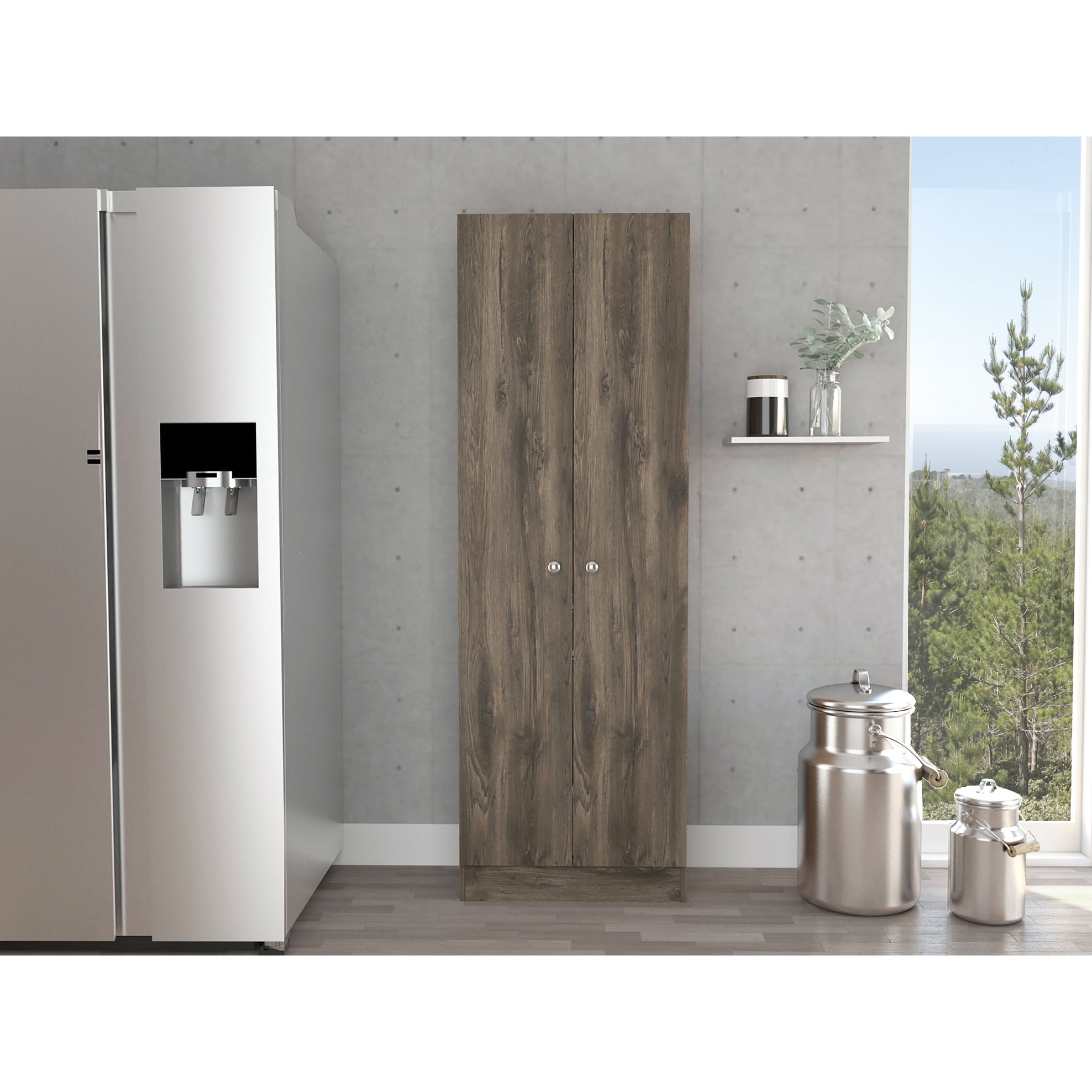 70" High Pantry Cabinet With Five Shelves And Double Door In Dark Brown ...