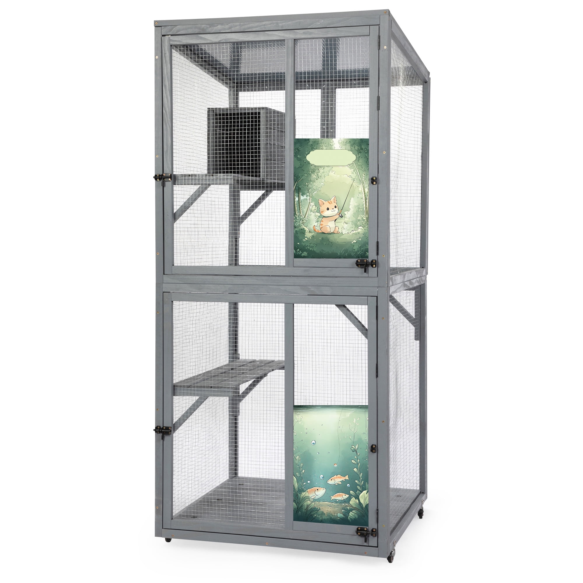 70-Inch Cat Window Catio House, Outdoor Wood Cat Enclosure with Wheels ...