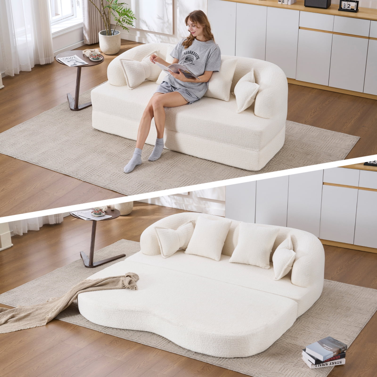 70 Inch Convertible Sleeper Sofa Bed, 2-in-1 Foldable Chenille Sofa Bed ...