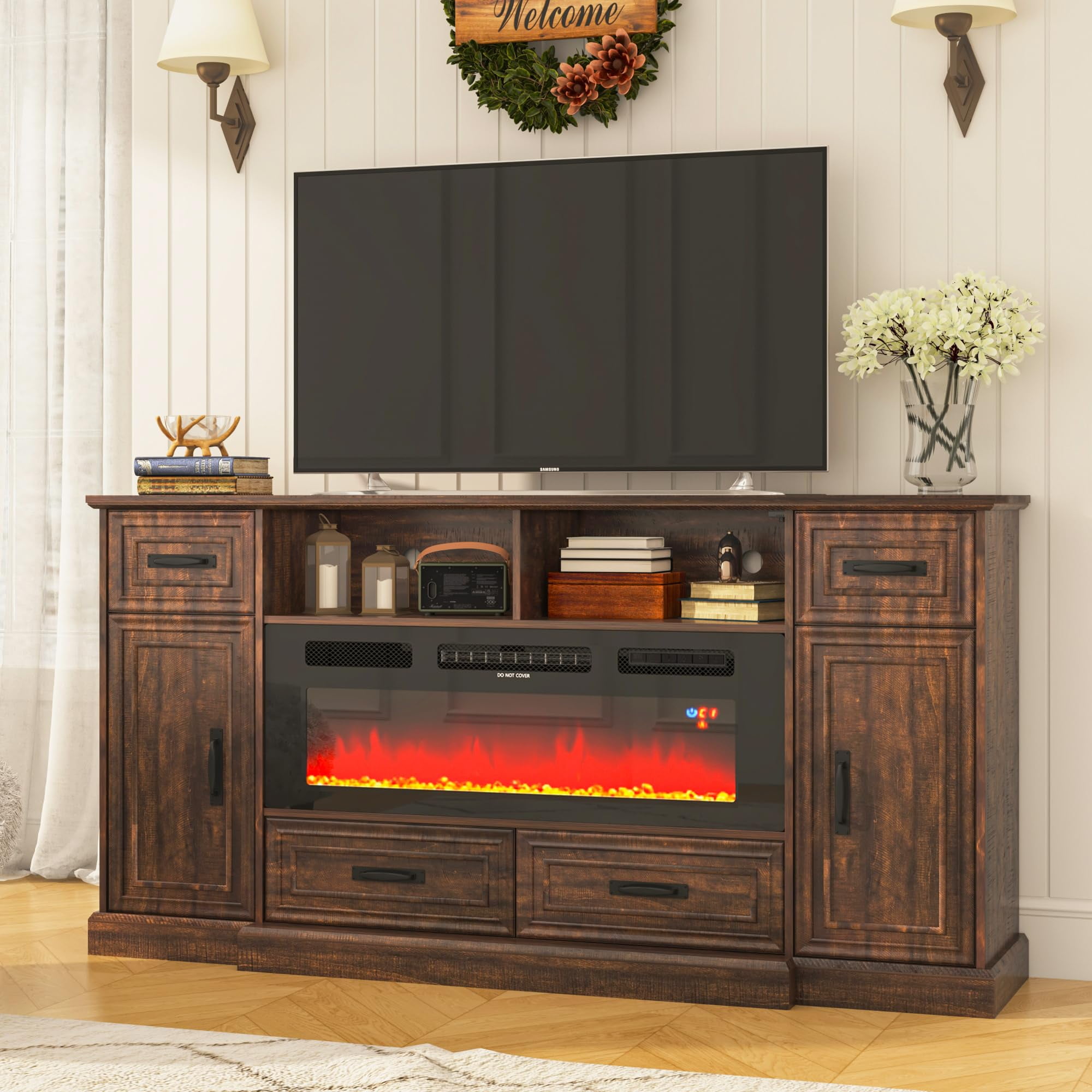 70 Inch Farmhouse TV Stand with 40 Inch Electric Fireplace, Rustic ...