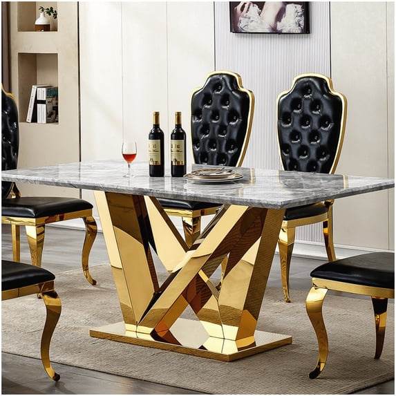 70 Inch Faux Marble Dining Table, Gold and Gray Contemporary Design ...