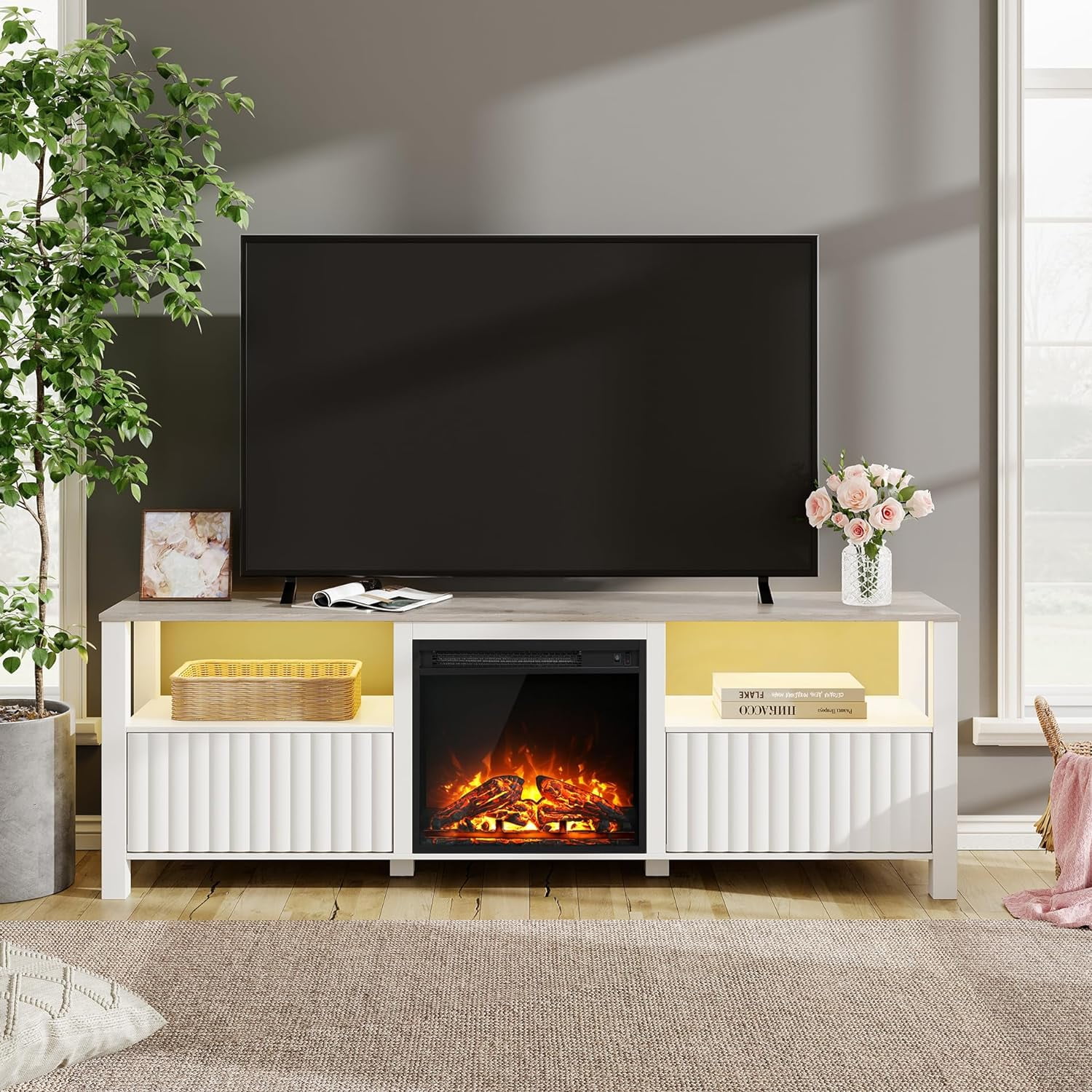 70 Inch Fireplace TV Stand with 18 Inch Electric Fireplace & 16 Color ...