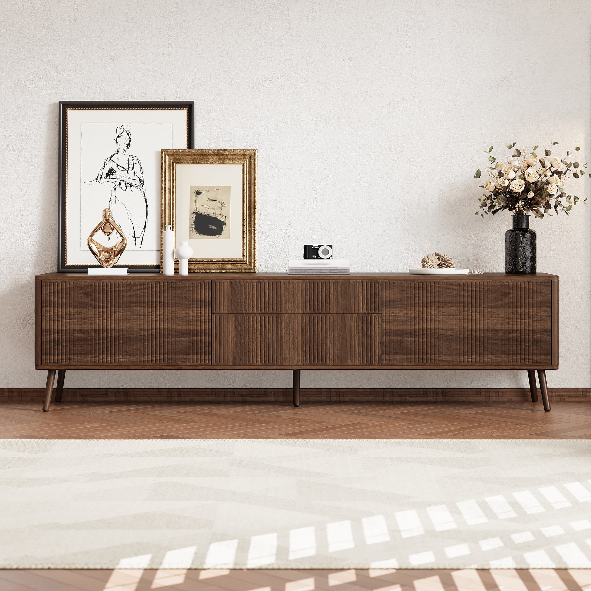 70-Inch Fluted TV Stand with Storage Drawers and Cabinets for TVs up to ...