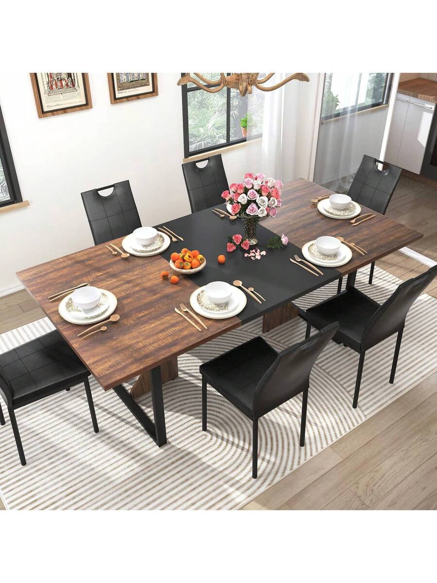 70-Inch Large Rectangular Dining Table with Waterproof Marble-Look Wood ...