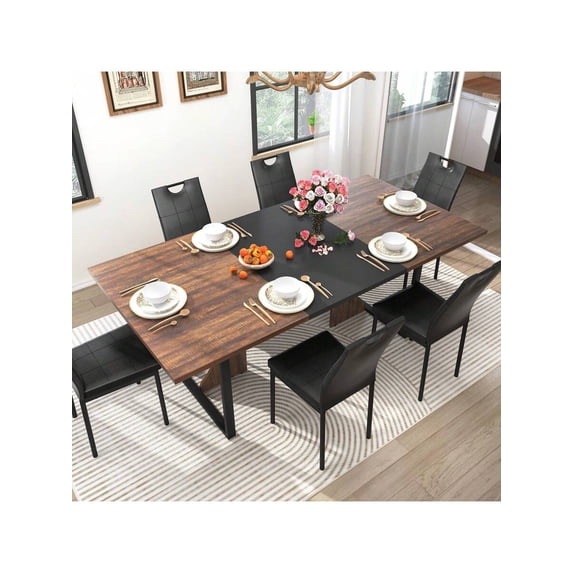 70-Inch Large Rectangular Dining Table with Waterproof Marble-Look Wood ...