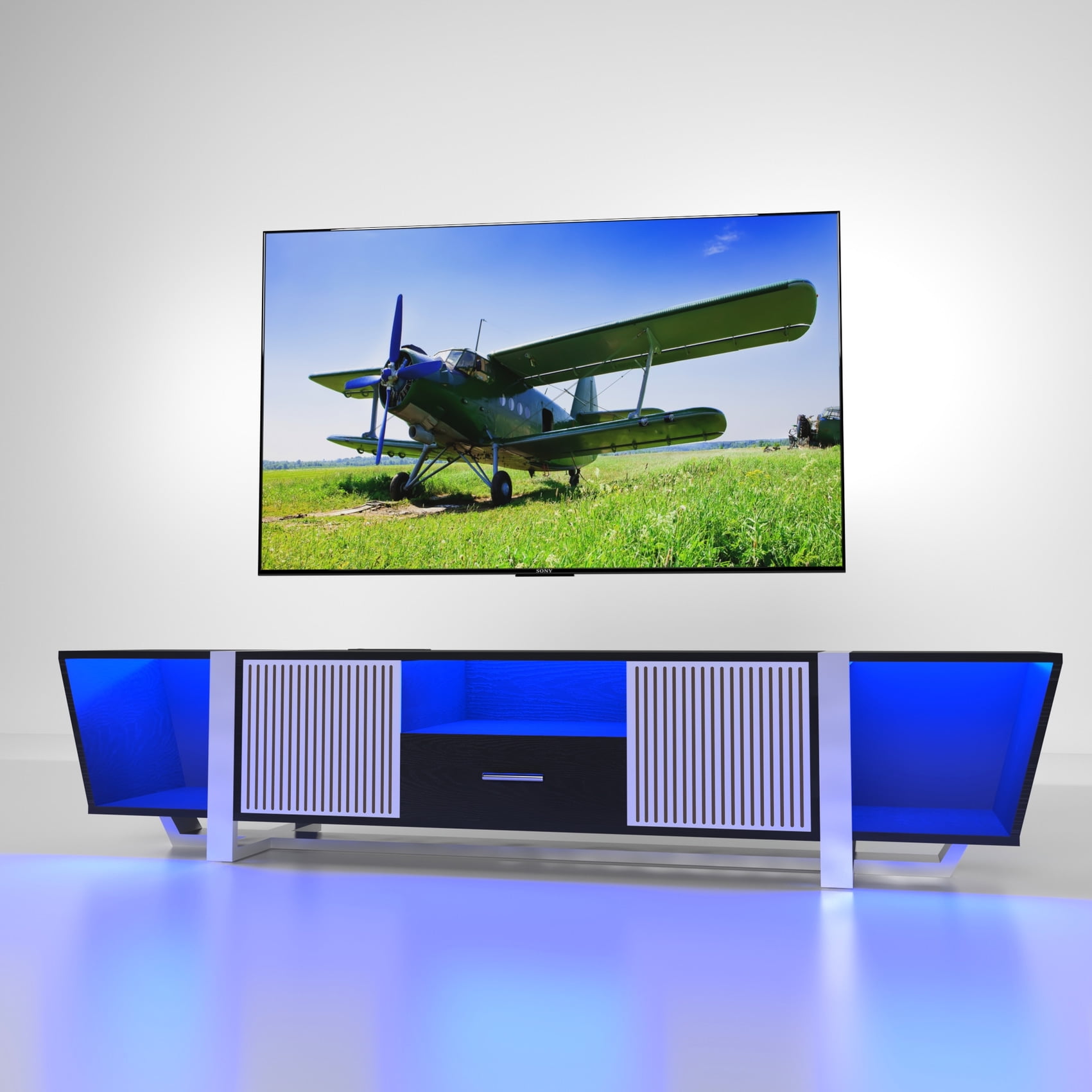 70-Inch Modern TV Console with Large Storage, Biplane Design, Remote ...