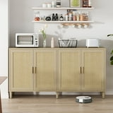 70 Inch Natural Rattan Buffet Cabinet with Storage, 4-Door Sideboard ...