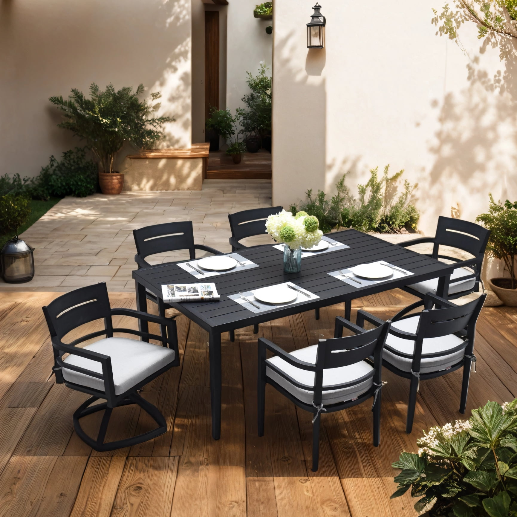 70 Inch Patio Dining Table with Tapered Legs and Umbrella Hole, Outdoor ...