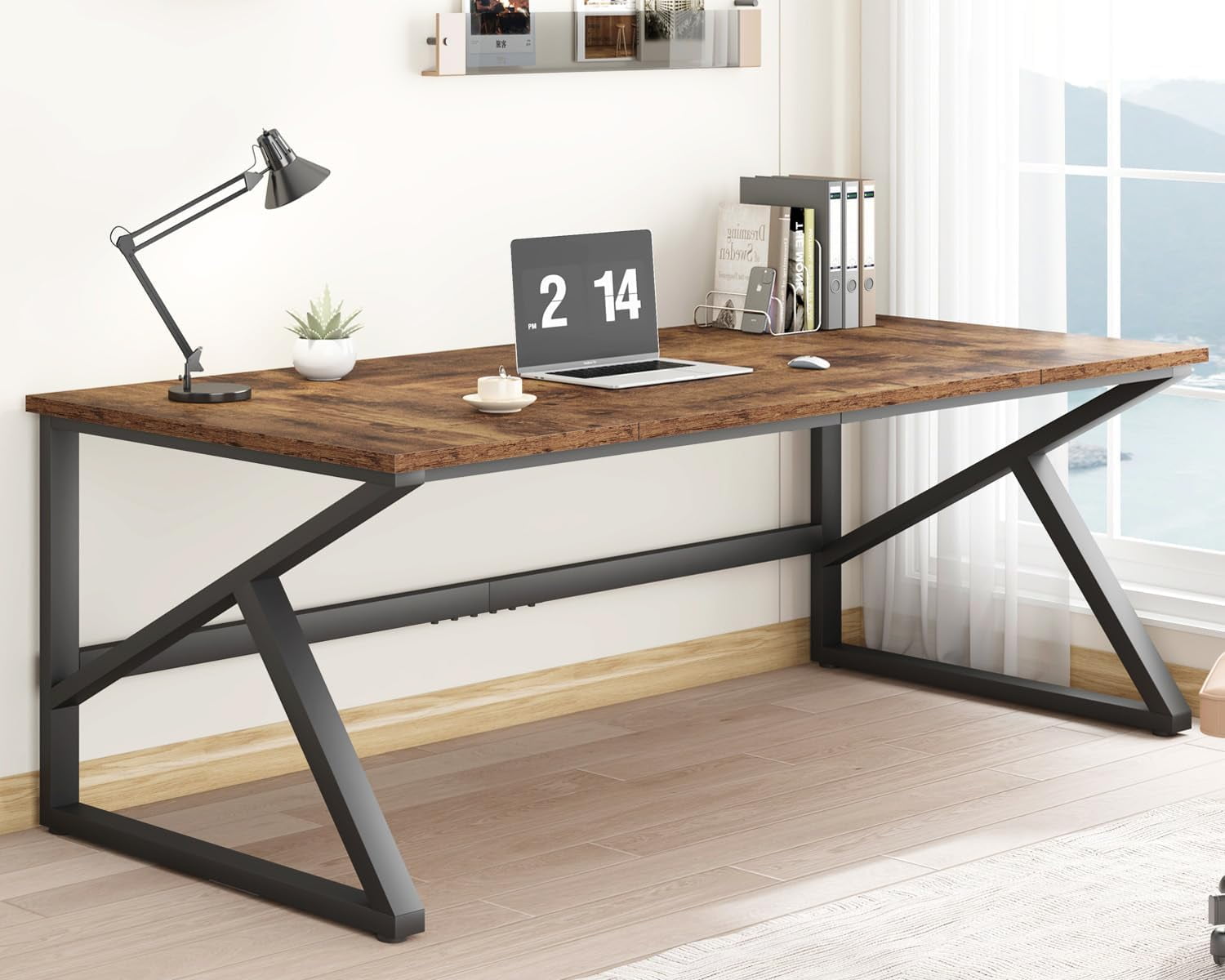 70 Inch Rustic Brown Large Metal Wood Double Computer Long Desks for 2 ...