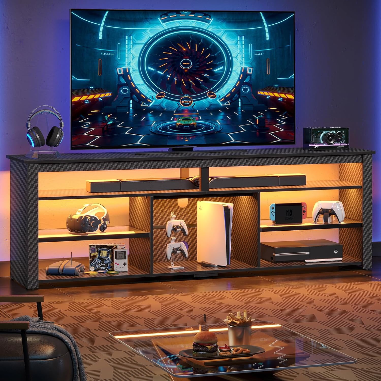70 Inch TV Stand Tall LED Entertainment Center for 75 inch TV Gaming TV ...